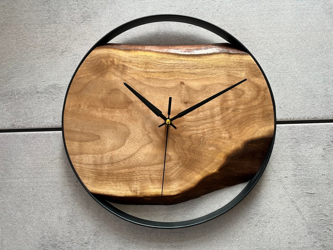 Handmade Walnut Wood and Metal Hoop Wall Clock, Modern Rustic Decor ...