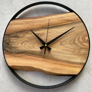 Modern Rustic Wall Clock – Black Iron Frame With Natural Walnut Wood ...