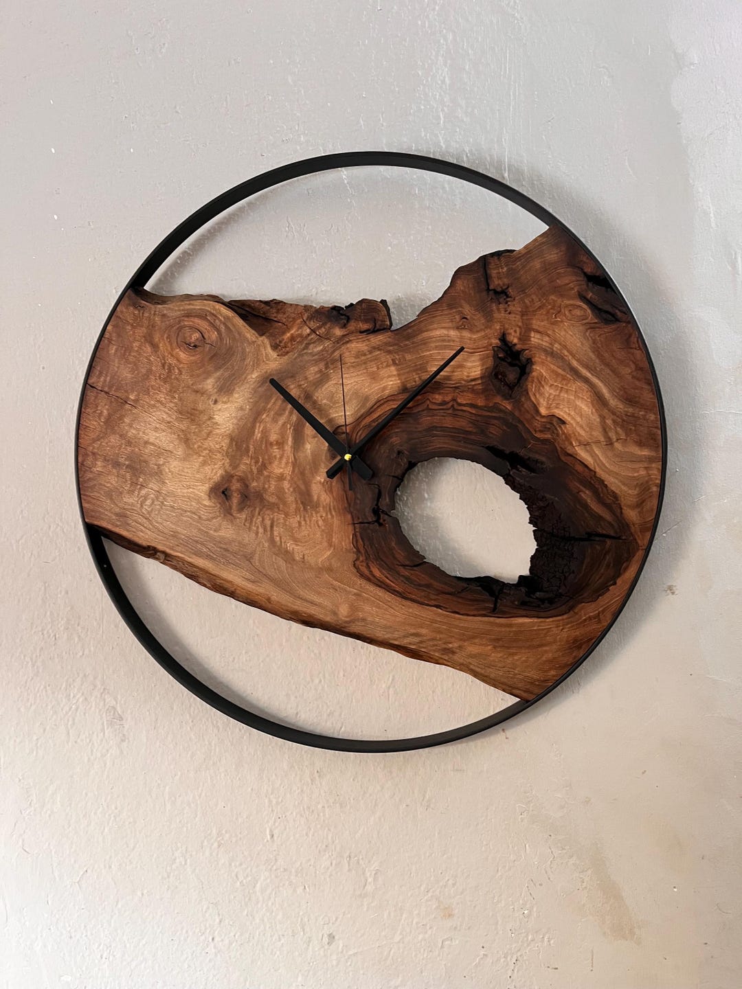 Metal Frame & Live Walnut Wood Clock, Large Wall Clock, Big Wood Wall ...
