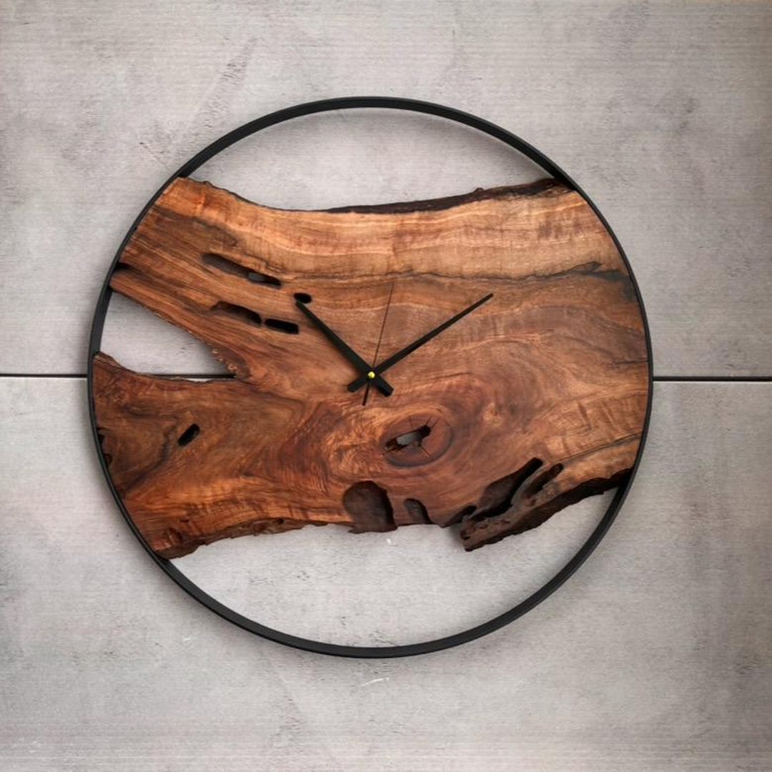 Metal Frame & Live Walnut Wood Clock, Large Wall Clock, Big Wood Wall ...
