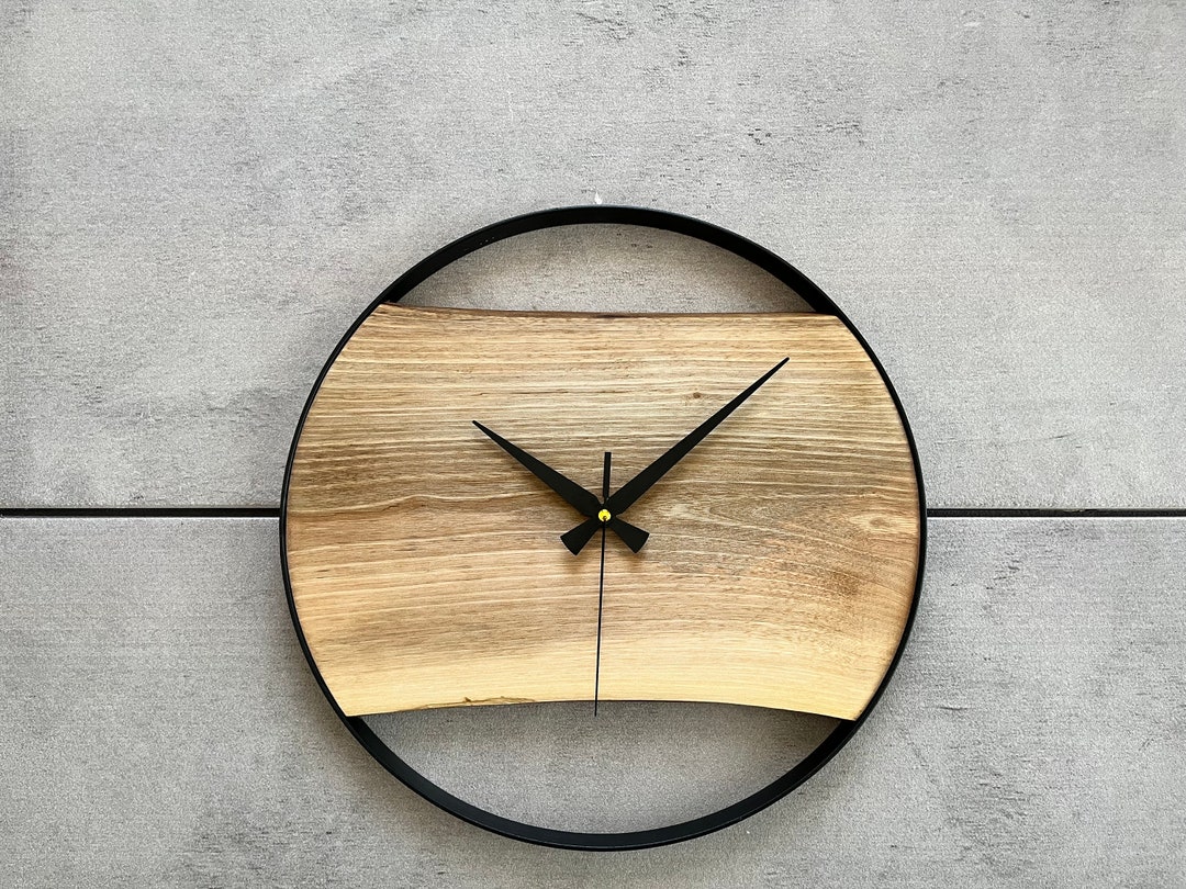 Walnut Wood Clock: Black Metal Frame, Modern Home Decor - Etsy