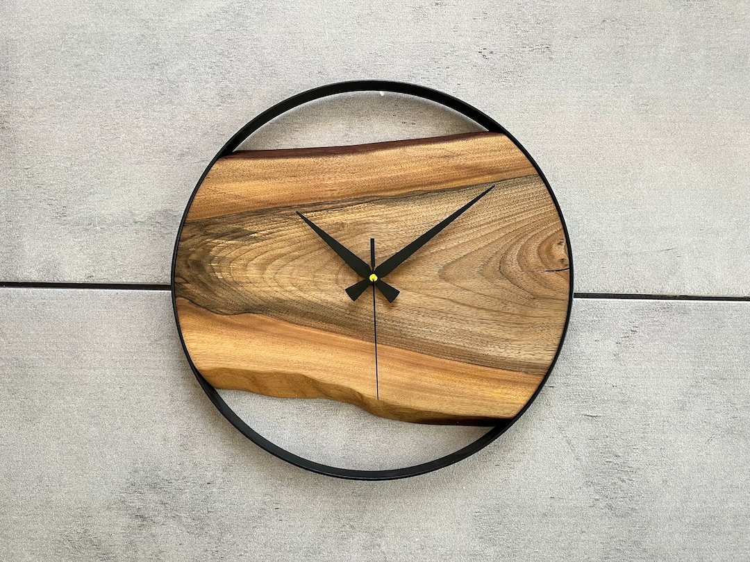 Modern Rustic Wall Clock – Black Iron Frame With Natural Walnut Wood ...