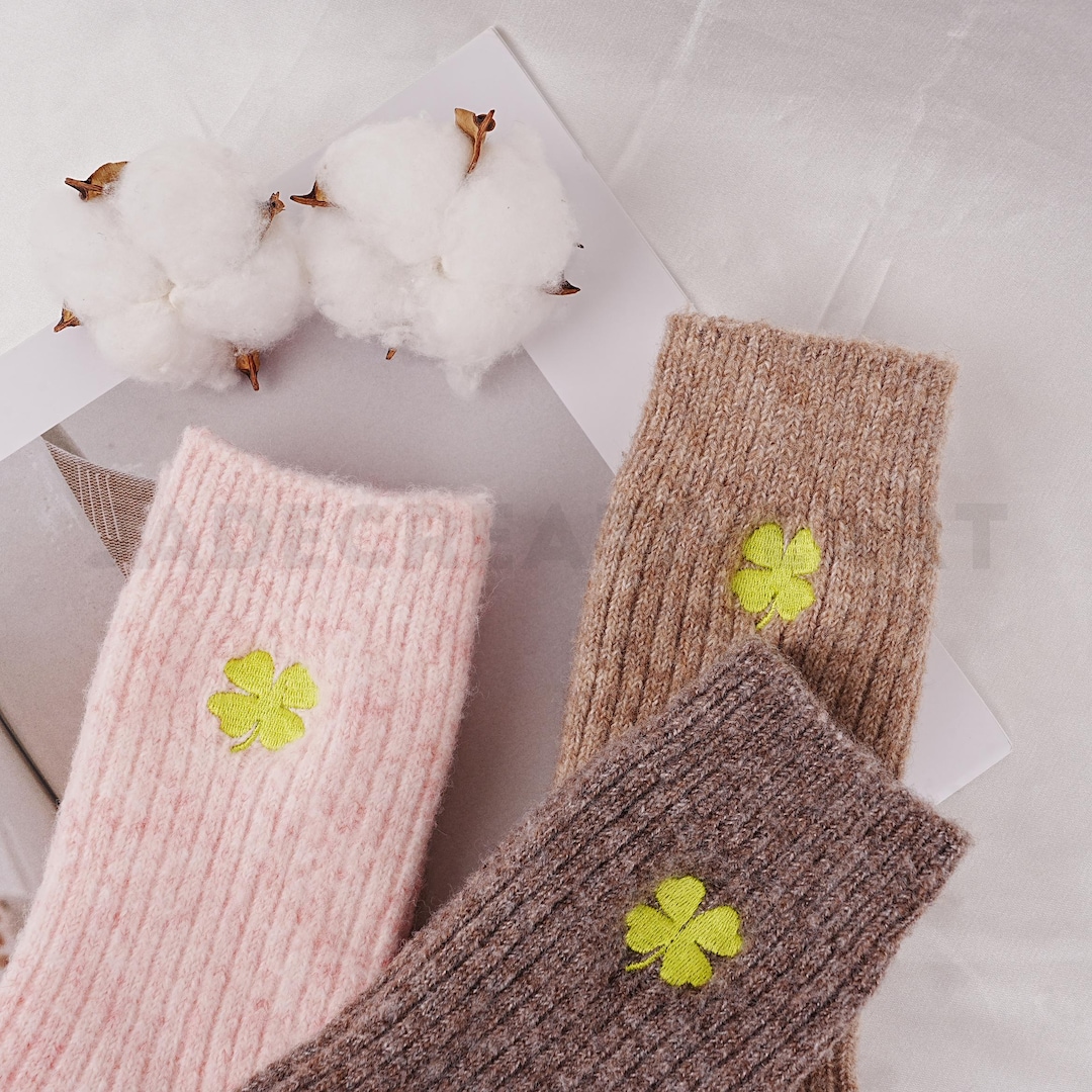 Cute Four-leaf Clover Socks, Warm Embroidery Socks, Women Handmade ...