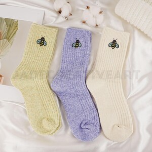 Cute Bee Wool Socks, Warm Embroidery Socks, Women Handmade Socks ...