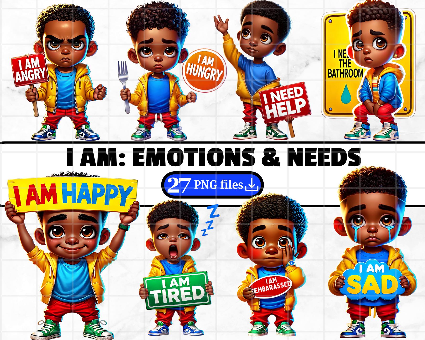 27 Emotions and Needs Clipart Black Boys PNG Bundle for Nonverbal ...