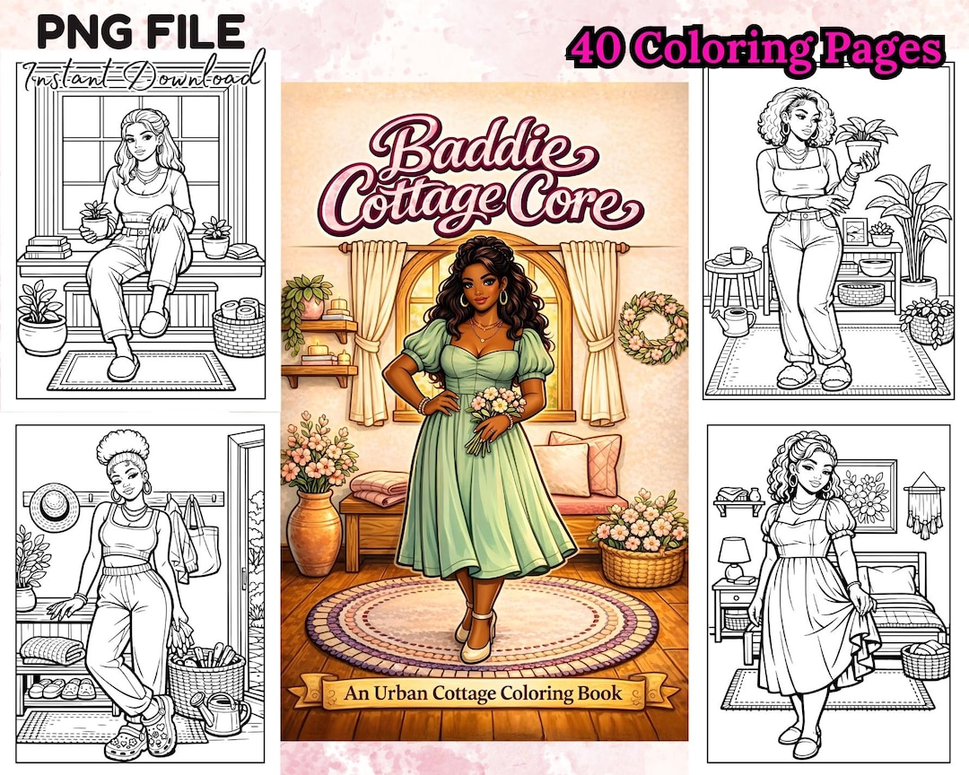 Baddie Cottagecore Coloring Book 40 Cozy Aesthetic Pages Black Girl ...