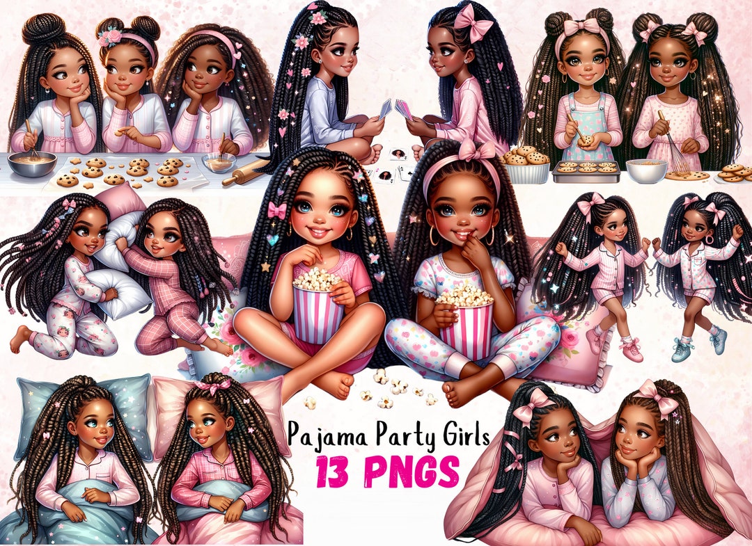 Pajama Party Clipart Bundle Sleepover Clipart Little Black Girl Slumber ...