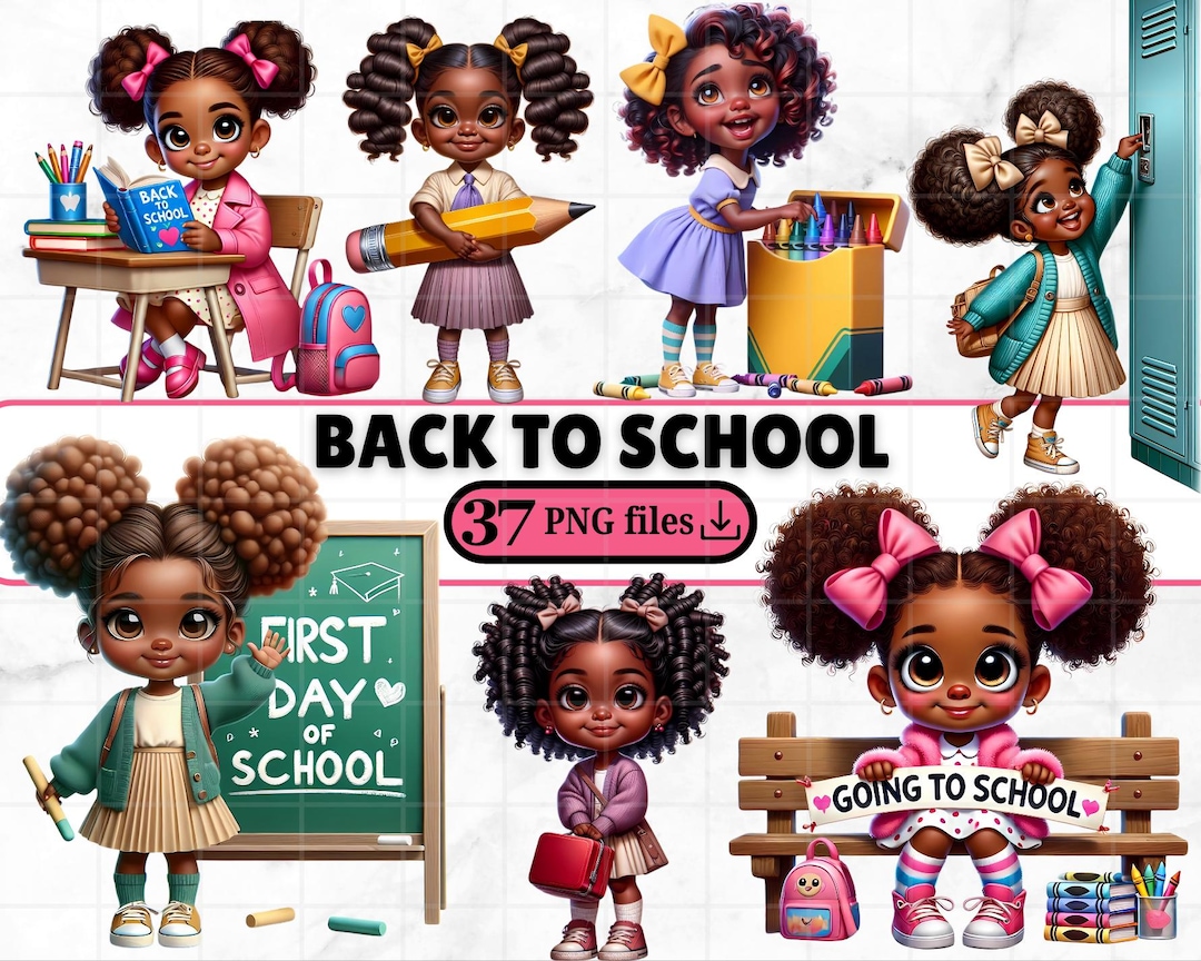 37 Back to School Clipart African American Girls PNG Bundle Fall ...