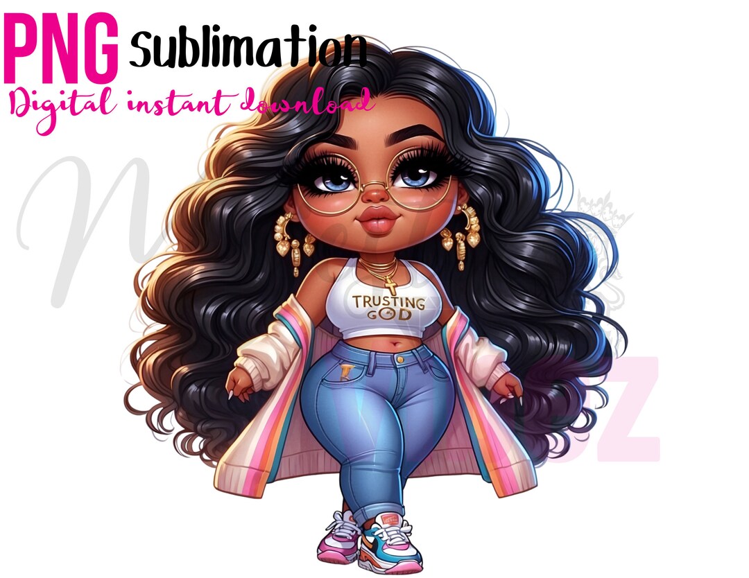 Chibi Girl With Wavy Hair Wearing Trusting God Shirt Clip Art PNG Black ...