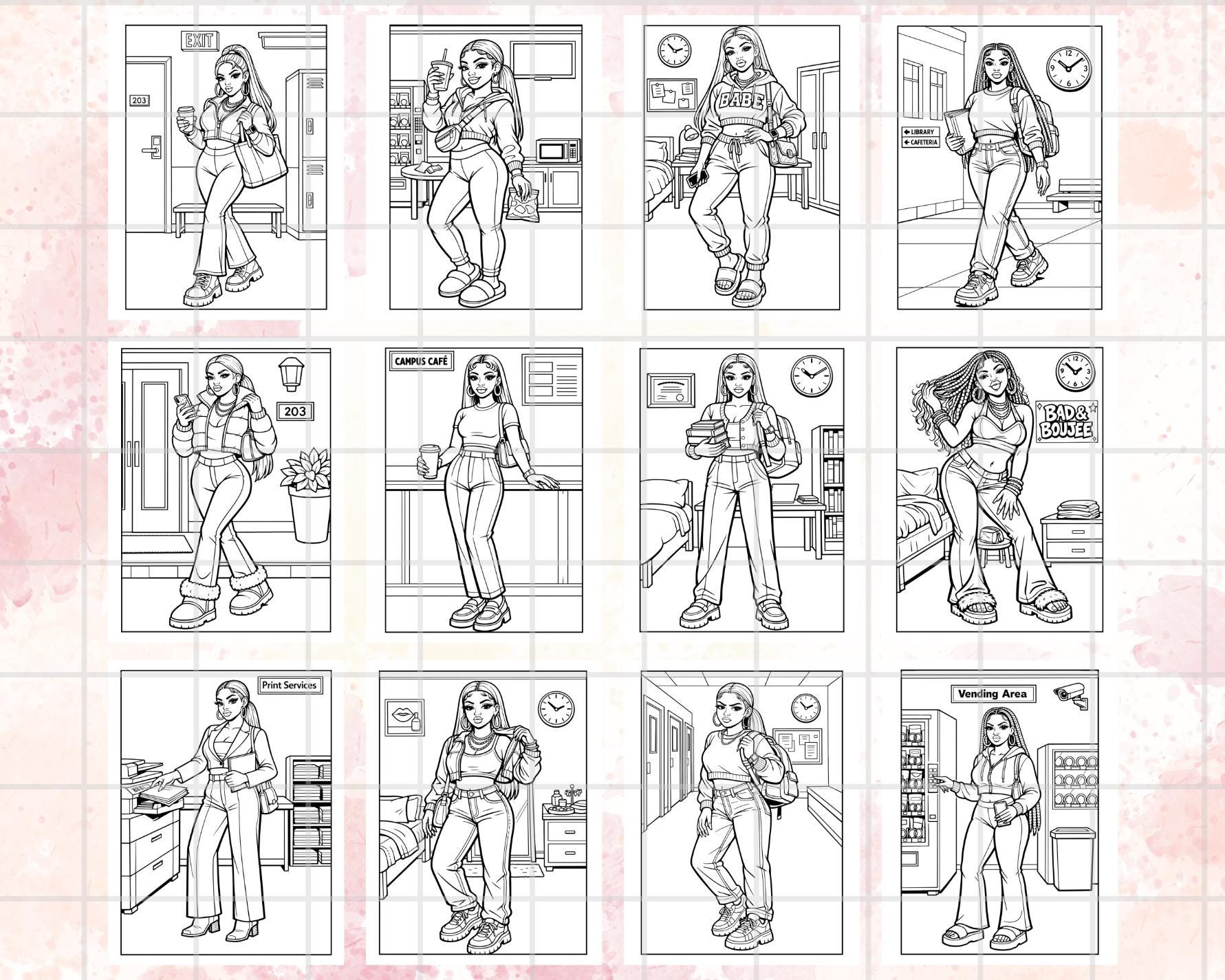 40 College Life Coloring Book Pages for Black Girls Baddie Dorm PNG ...