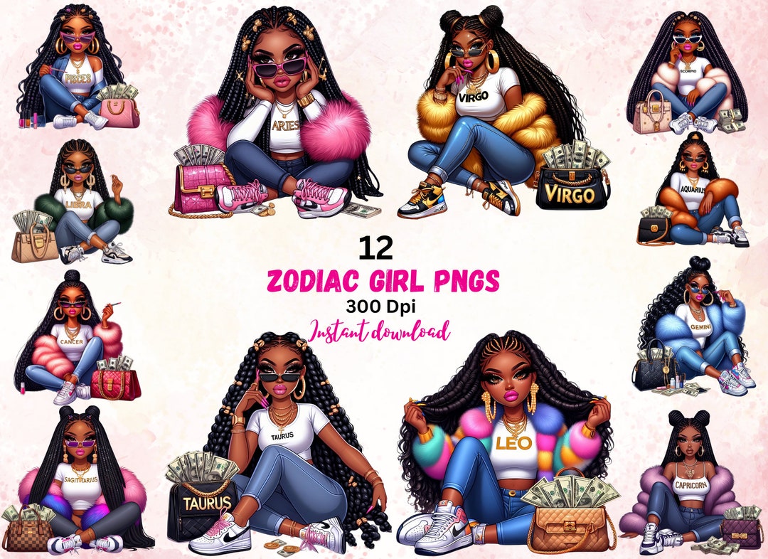 Black Girl Zodiac PNG African American Zodiac Bundle Set of 12 Clipart ...