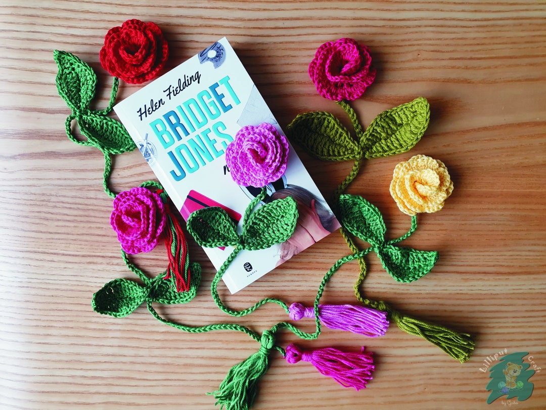 Marque-page rose au crochet fait main avec pompon, marque-page fleurs ...