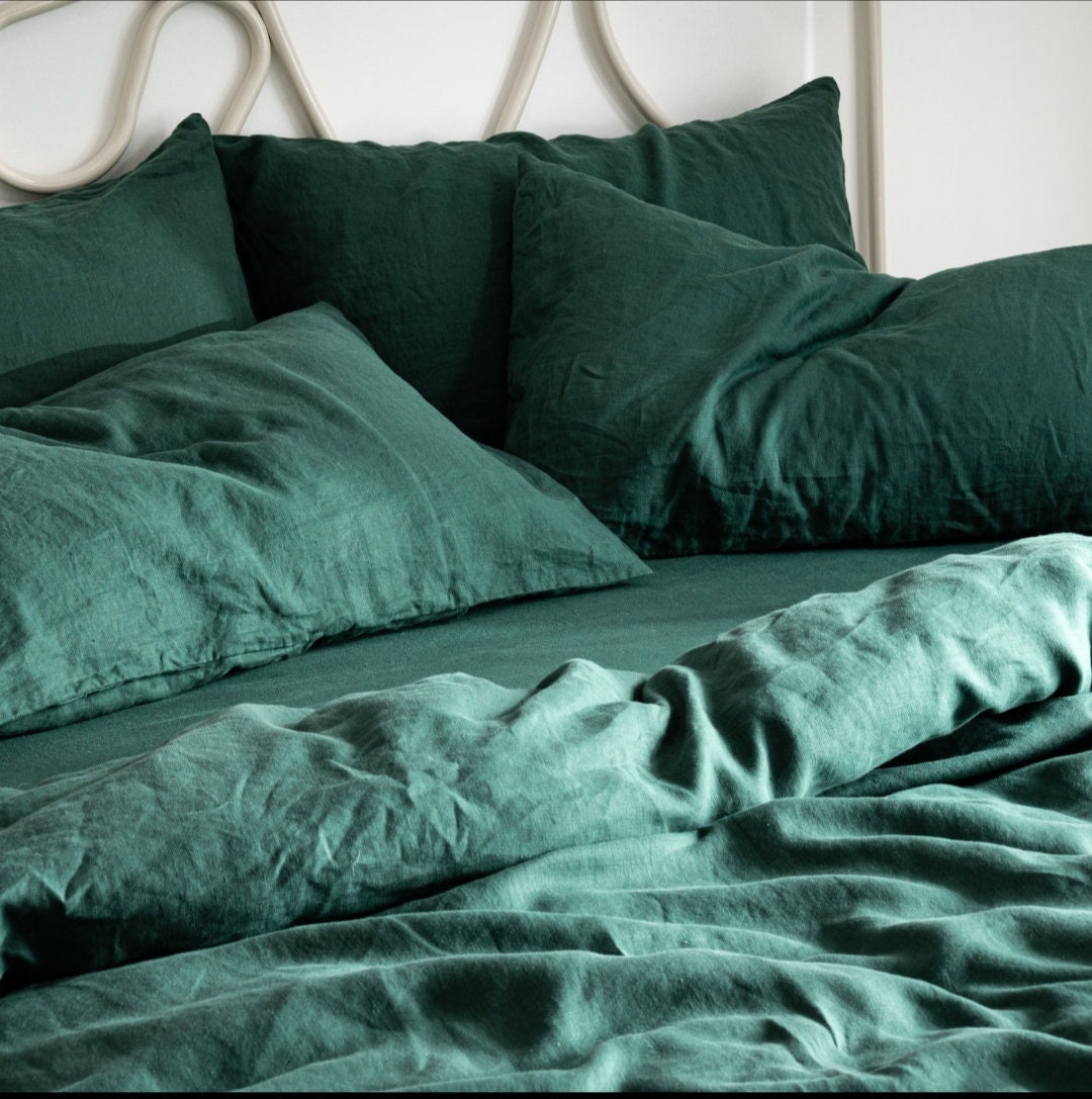 Forest Green Linen DUVET COVER Set With Two Pillowcases. French Flax ...