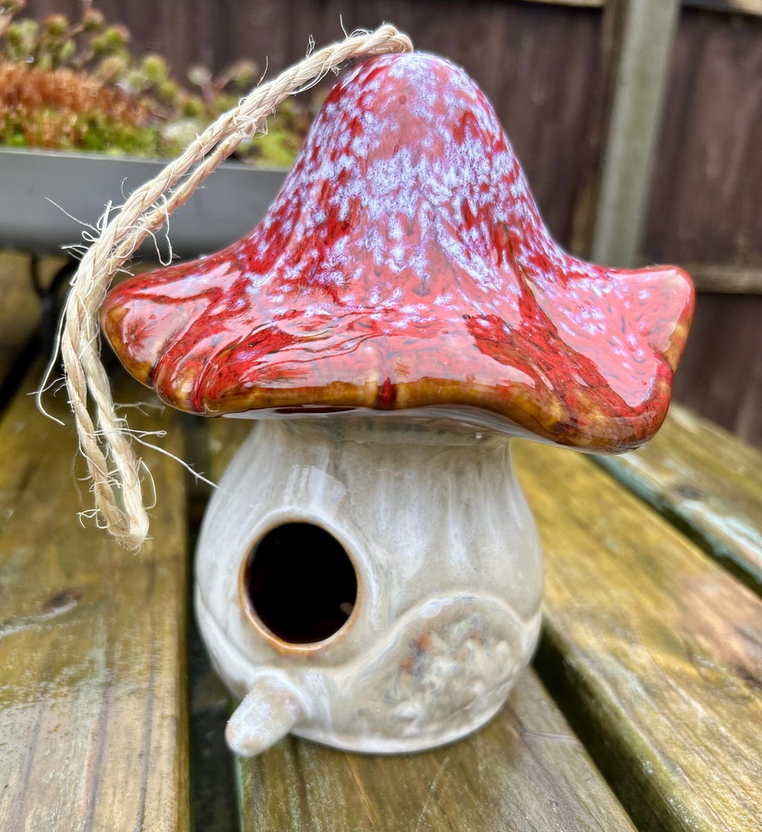 Unique Mushroom Toadstool Birdhouse Bird Feeder in Red & White Ceramic ...