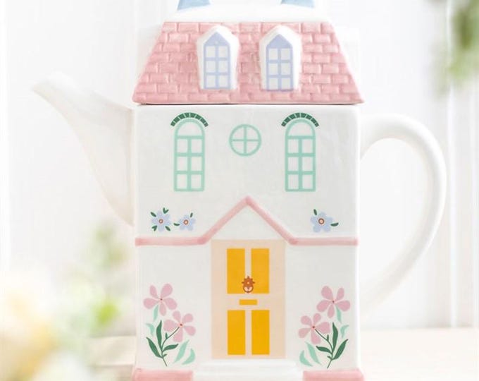 Pastel Cottage Teapot - Ceramic House Shaped Tea Pot Home Sweet Home ...