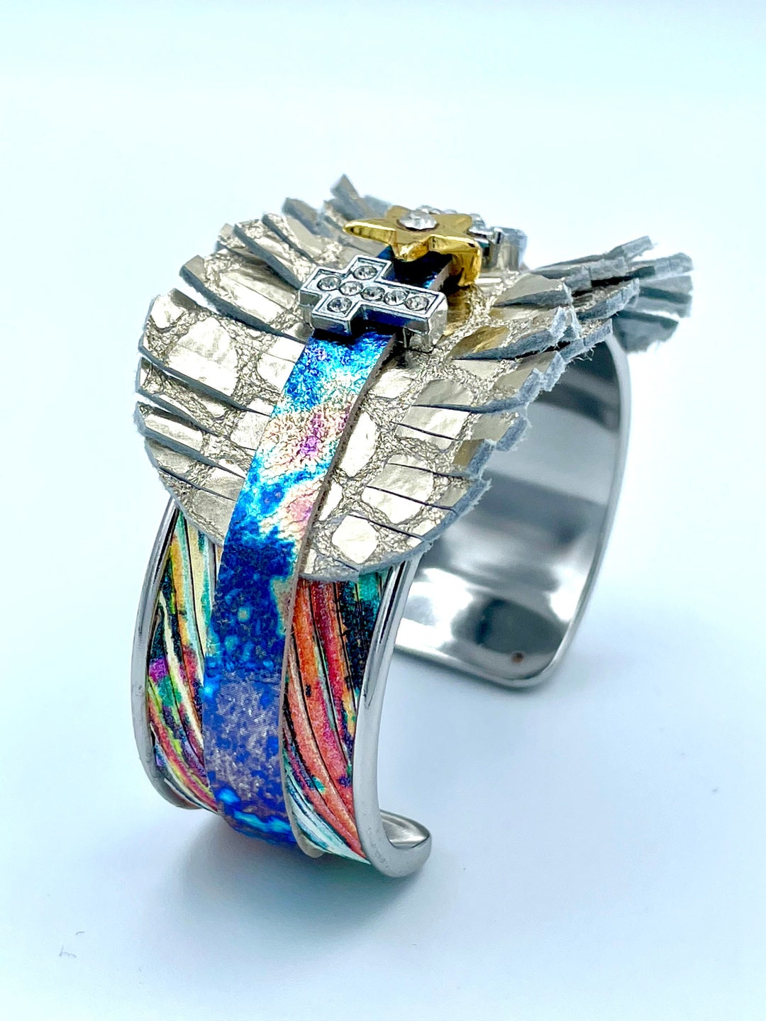 Cuff in Genuine Leather (italy) Color Blue-petrol Silver, Cuff in ...