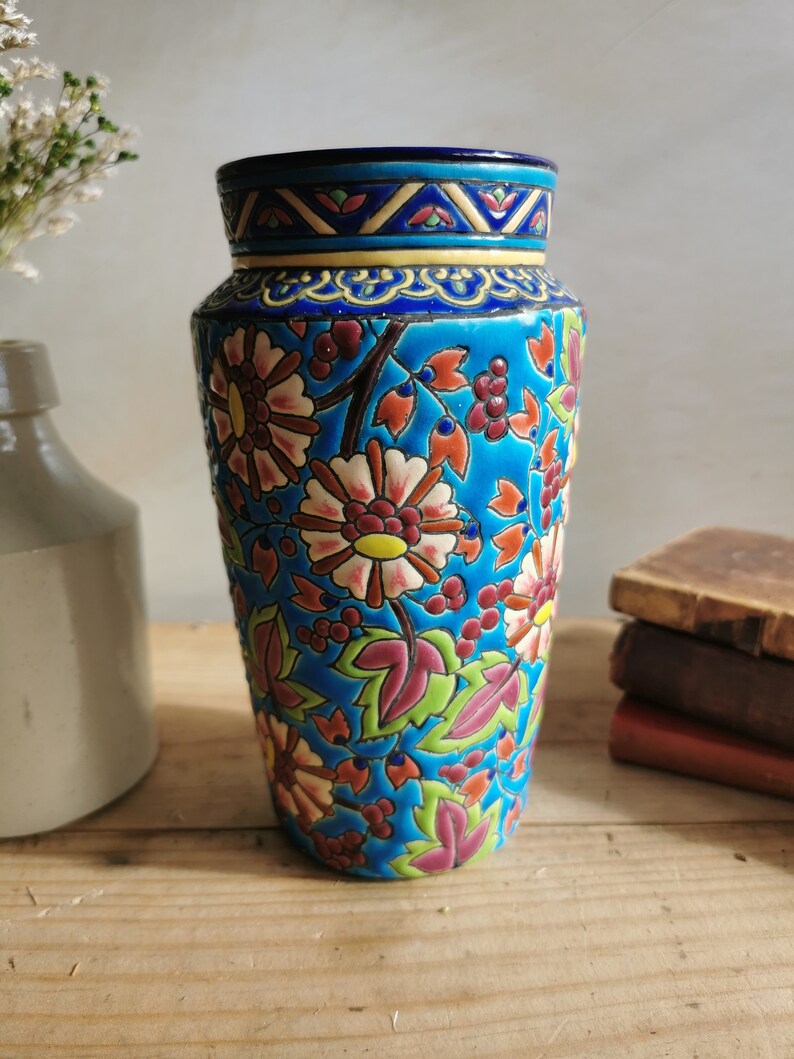 Antique Logwy France Floral Pattern Cylindrical Vase Longwy Pottery ...
