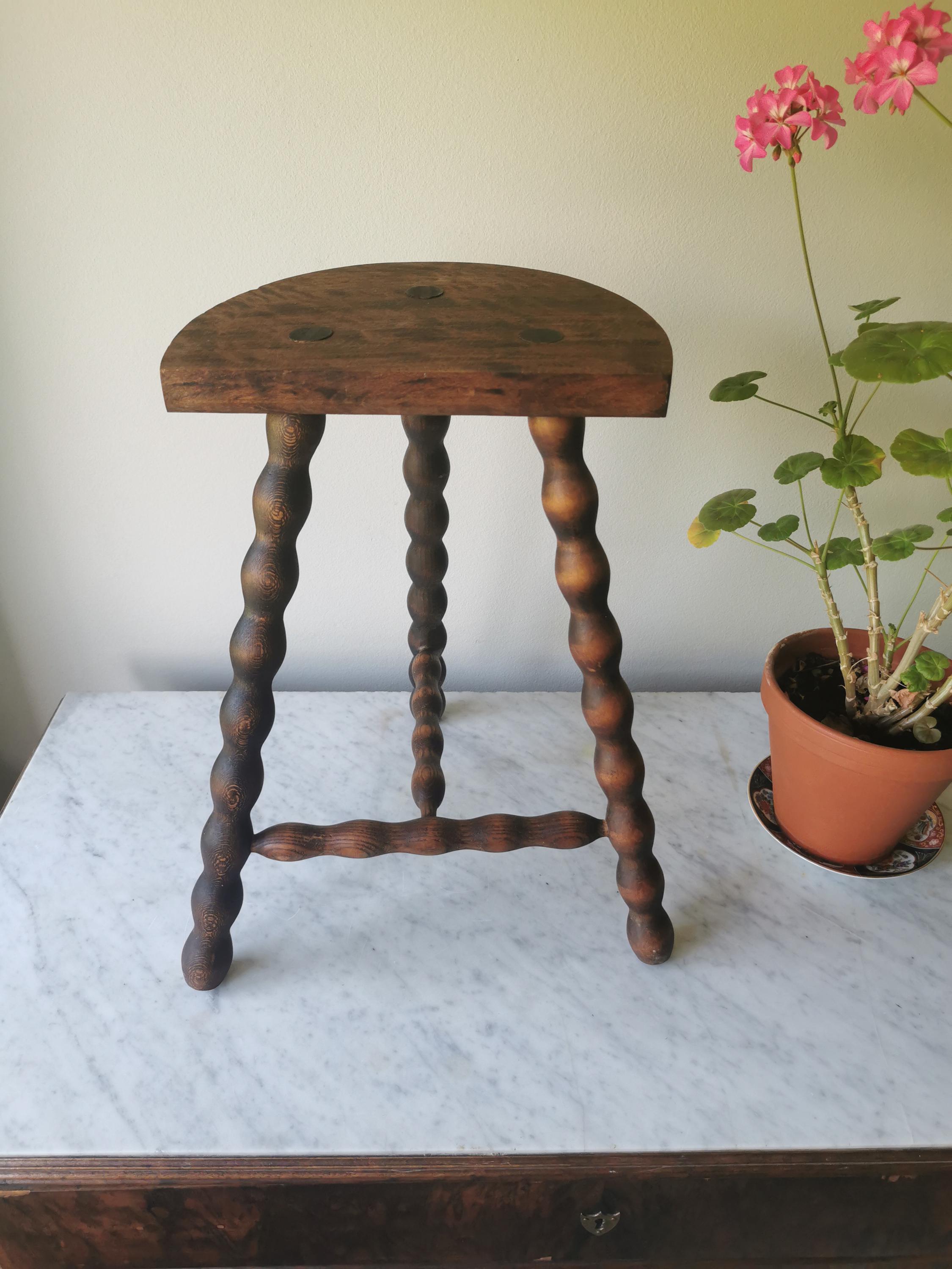 French 1950s Short Bobbin Stool Wood Tripod Stool Semi-circle Seat ...