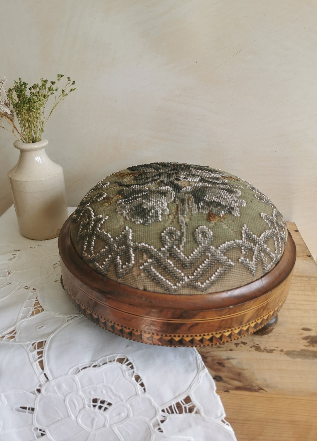 Victorian English Beaded Tuffet Foot Stool antique Wood Floral Beading ...