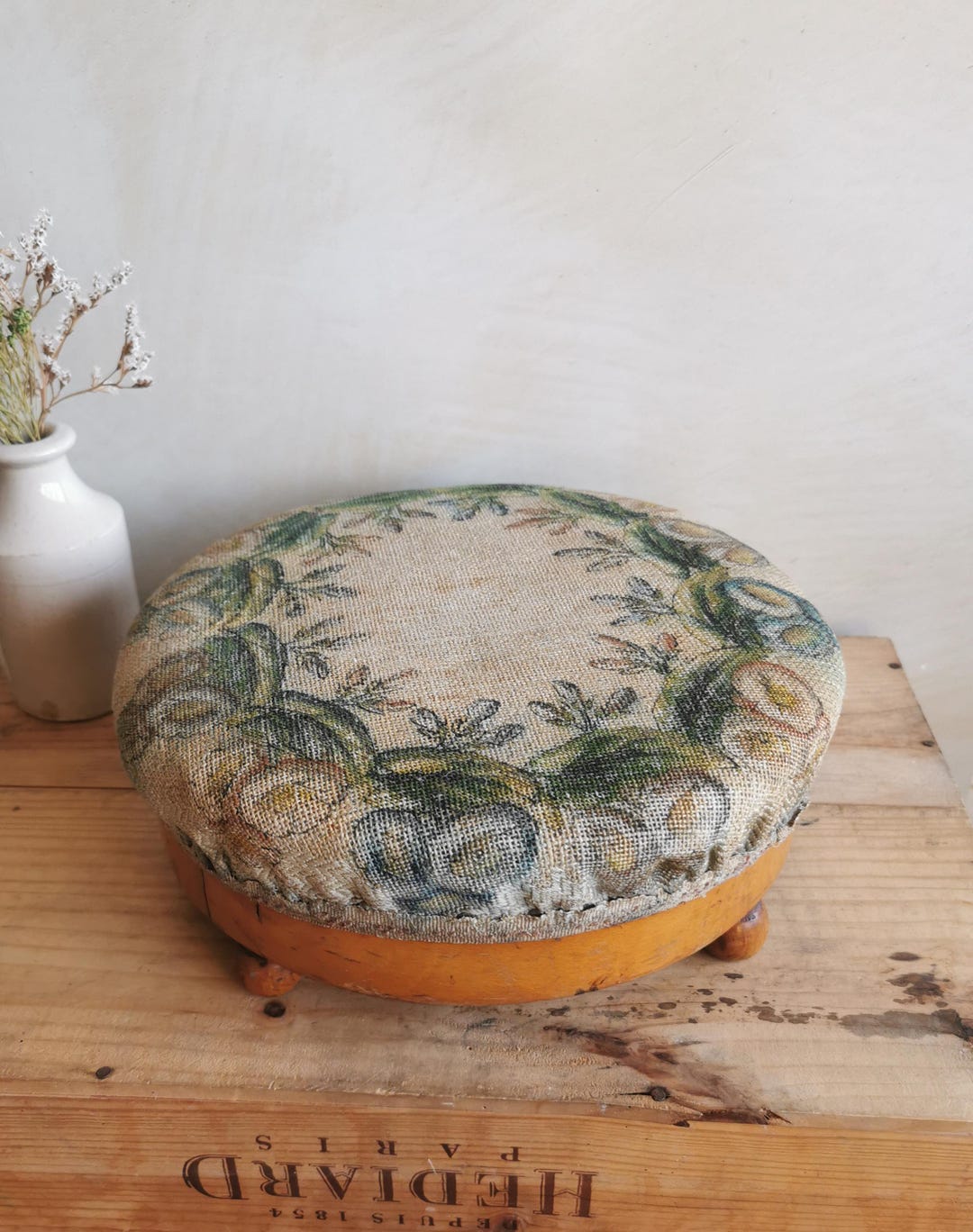 Vintage French Floral Upholstered Round Foot Stool Pastel Flower ...