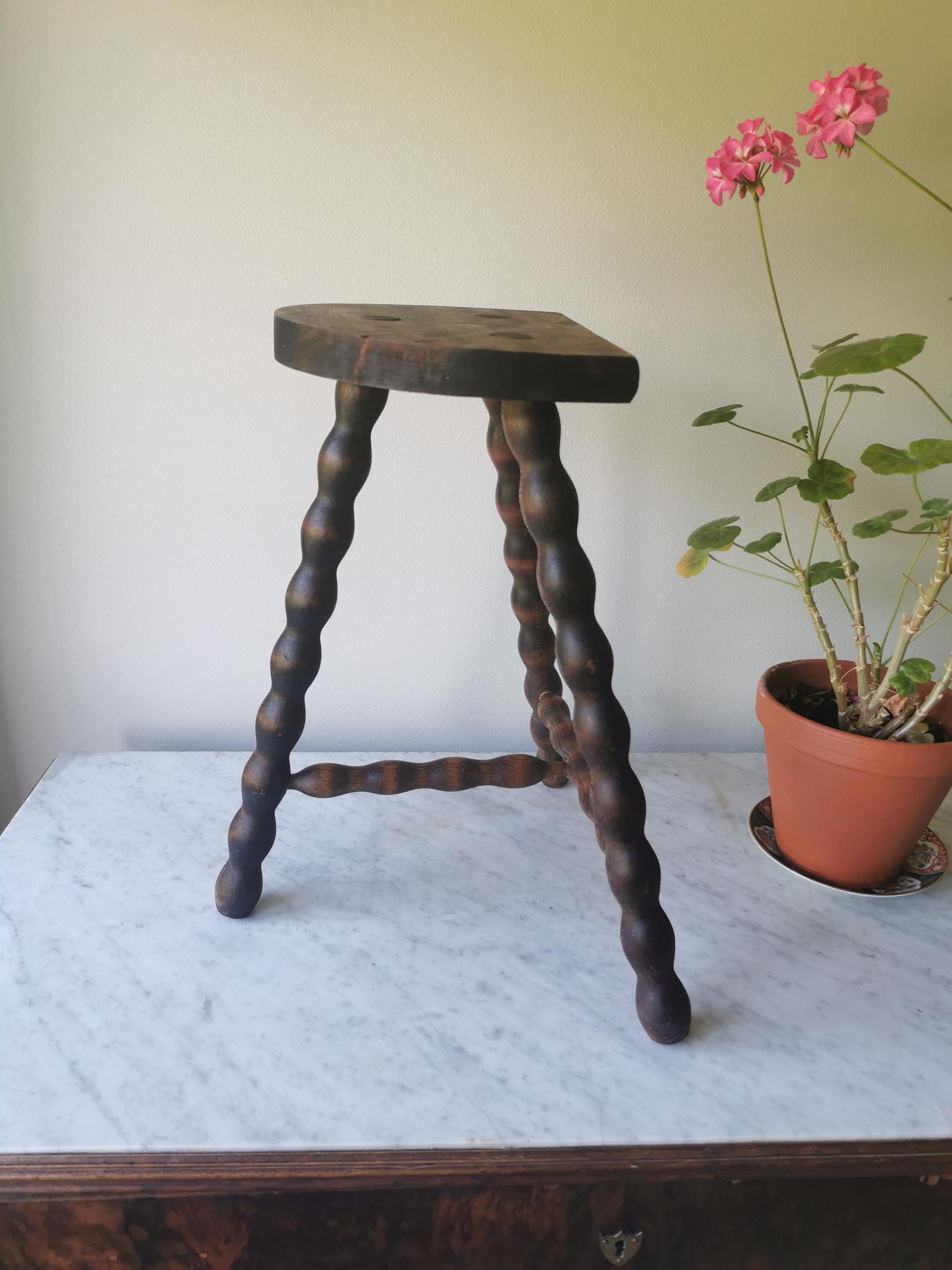 French 1950s Short Bobbin Stool Wood Tripod Stool Semi-circle Seat ...