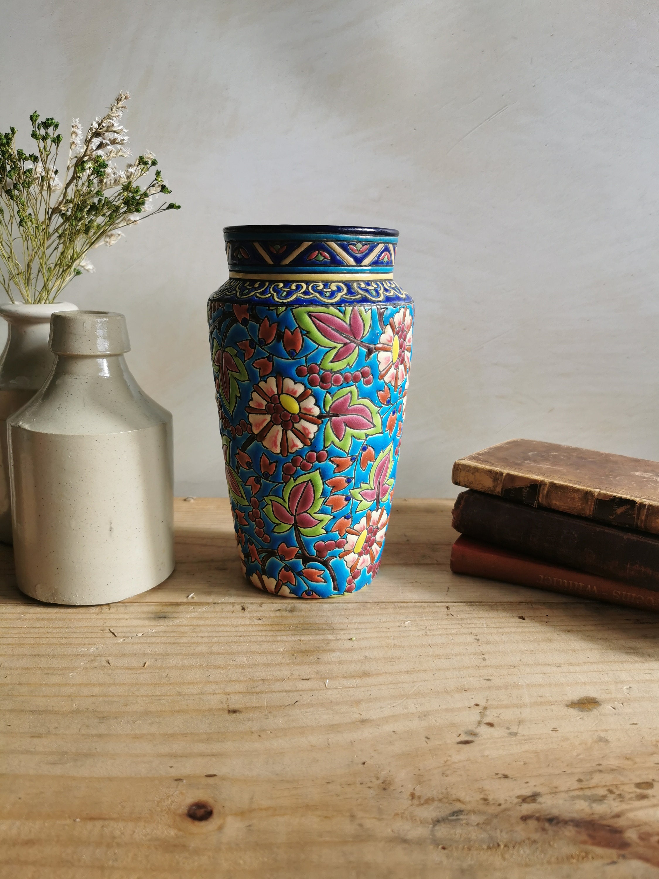 Antique Logwy France Floral Pattern Cylindrical Vase Longwy Pottery ...