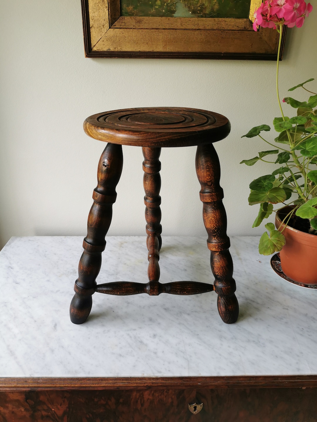 French 1950s Bobbin Stool Wooden Tripod Stool Side Table Wooden Milking ...