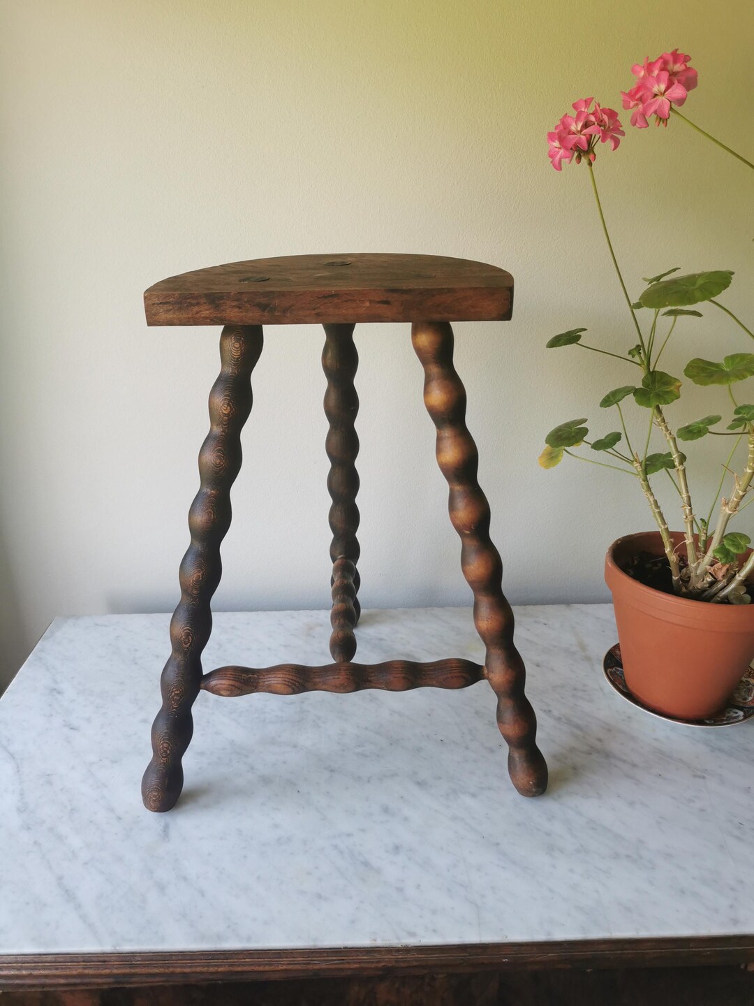 French 1950s Short Bobbin Stool Wood Tripod Stool Semi-circle Seat ...