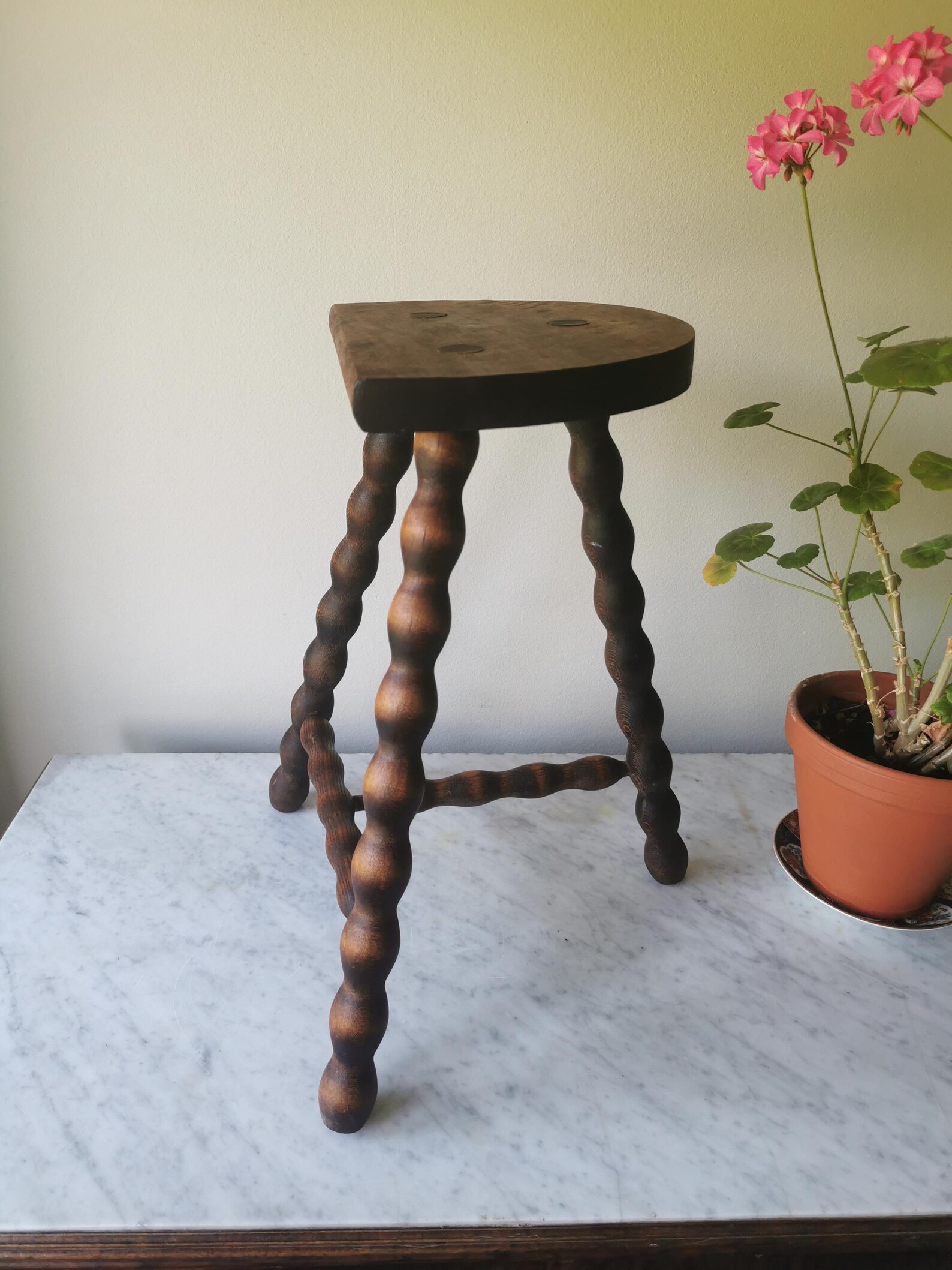French 1950s Short Bobbin Stool Wood Tripod Stool Semi-circle Seat ...