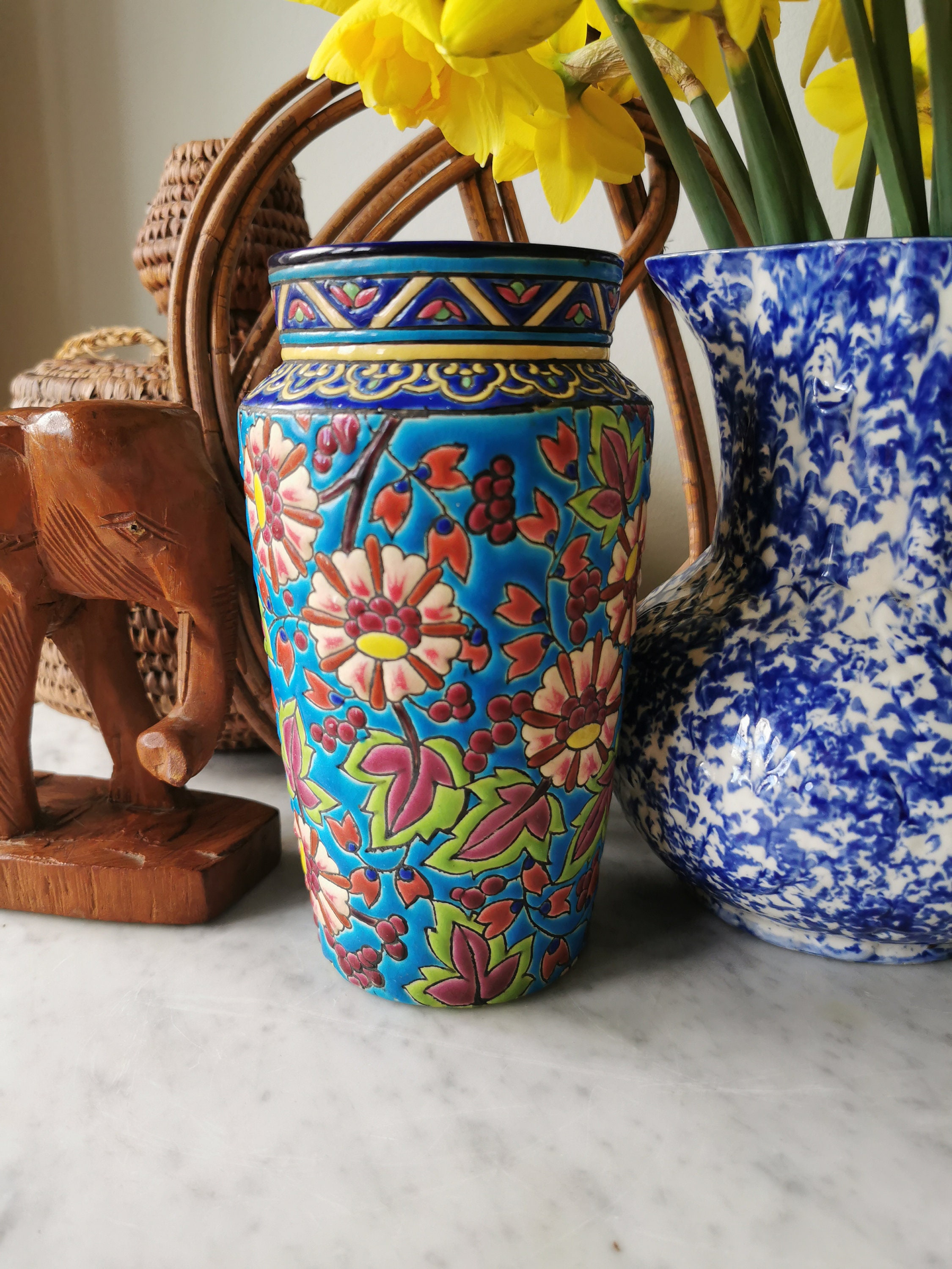 Antique Logwy France Floral Pattern Cylindrical Vase Longwy Pottery ...