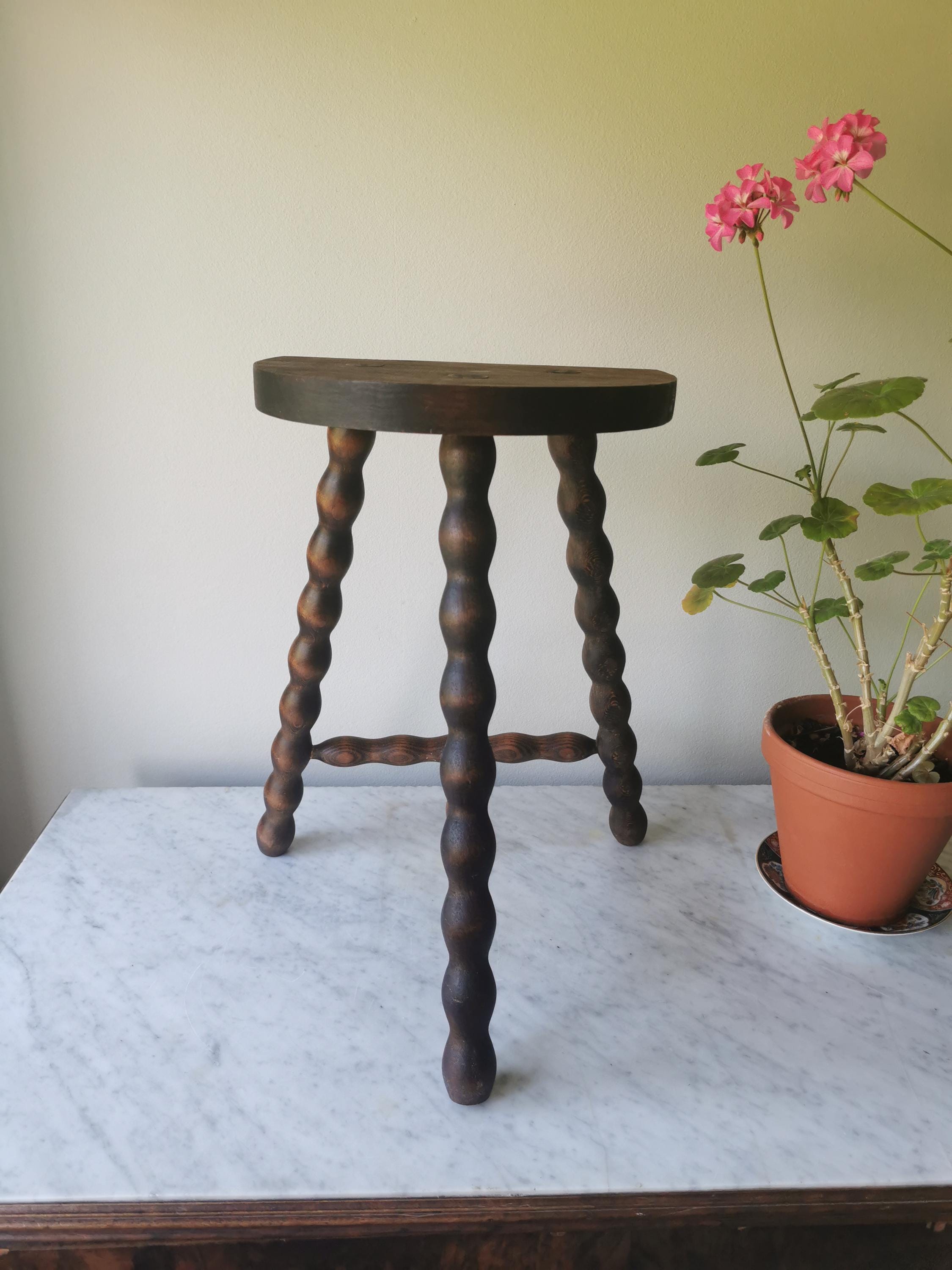 French 1950s Short Bobbin Stool Wood Tripod Stool Semi-circle Seat ...