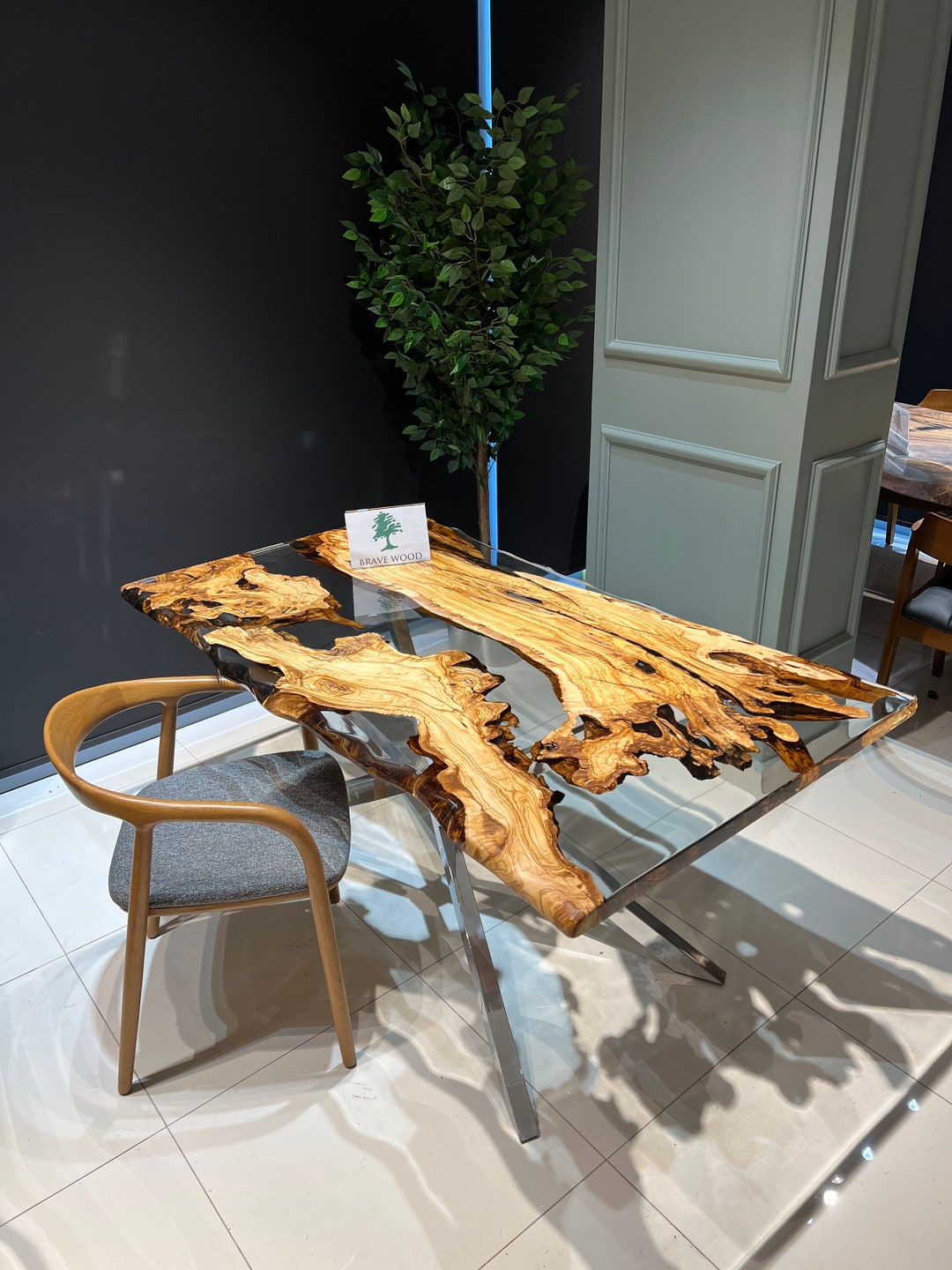 Custom Olive Wood Dining Table: Clear Epoxy Resin River Table (72x36 ...