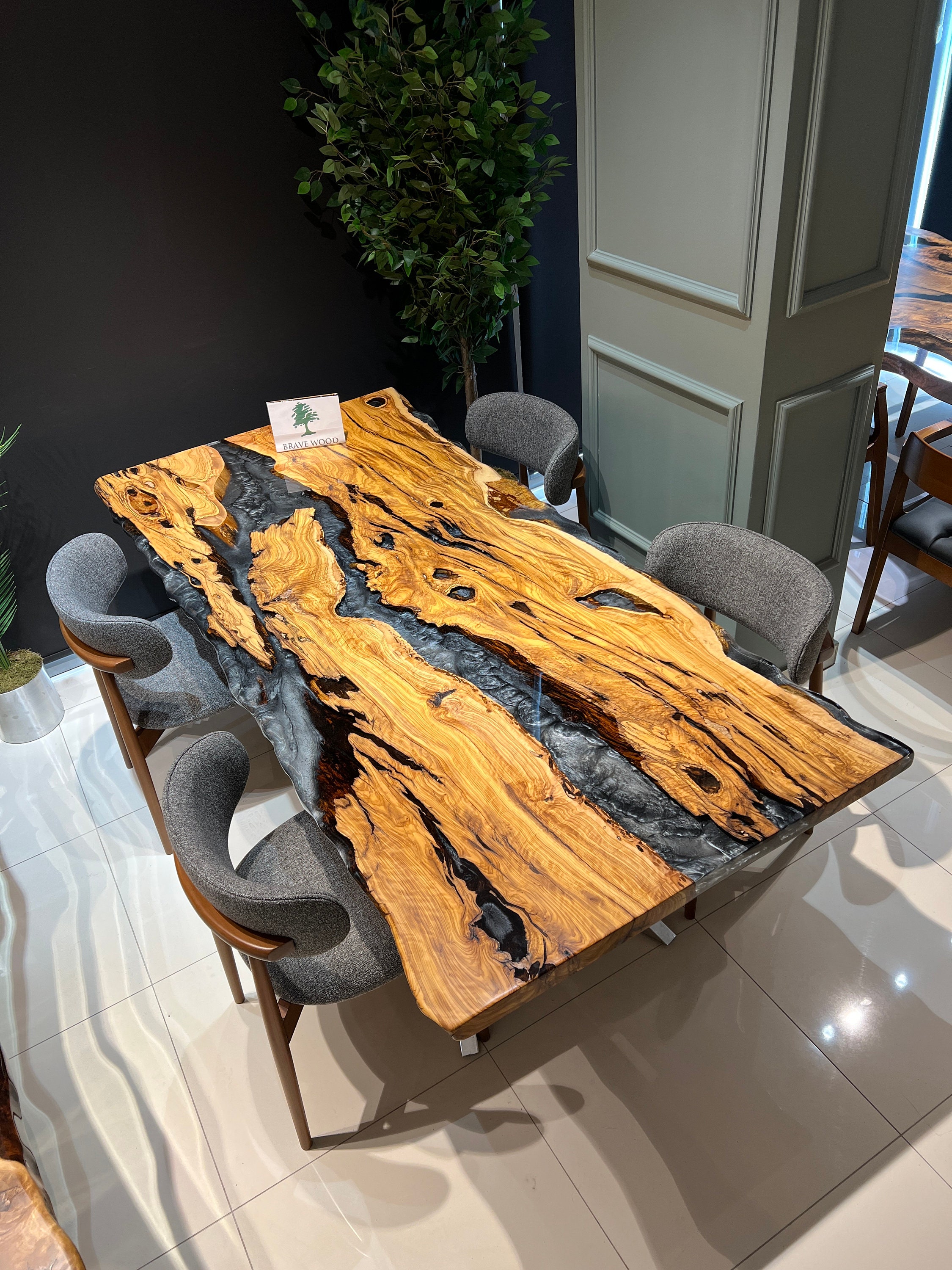 Custom Live Edge Epoxy Resin Table Dark Gray Metallic Epoxy Table Dining Room Table Epoxy Table Living Room Table Olive Tree Epoxy table Etsy