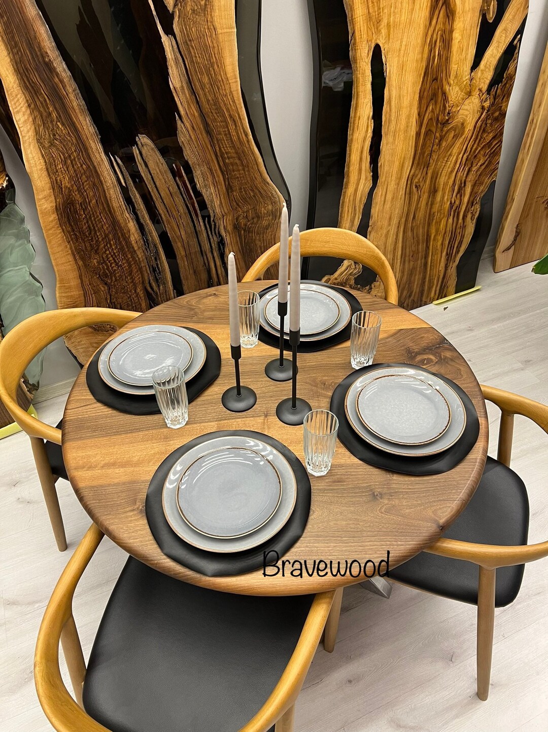 Handmade Round Walnut Dining Table: Solid Wood Kitchen or Meeting Table ...