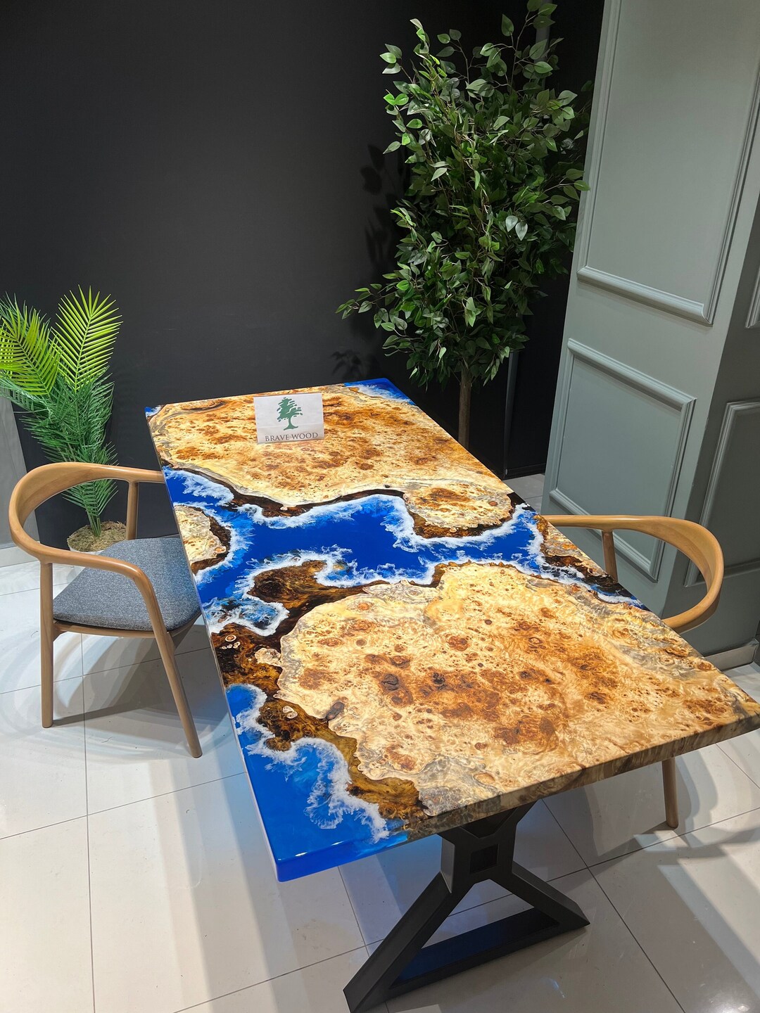 Blue Epoxy Wave Dining Table: Mazel Tree Wood, 75" Conference Table - Etsy