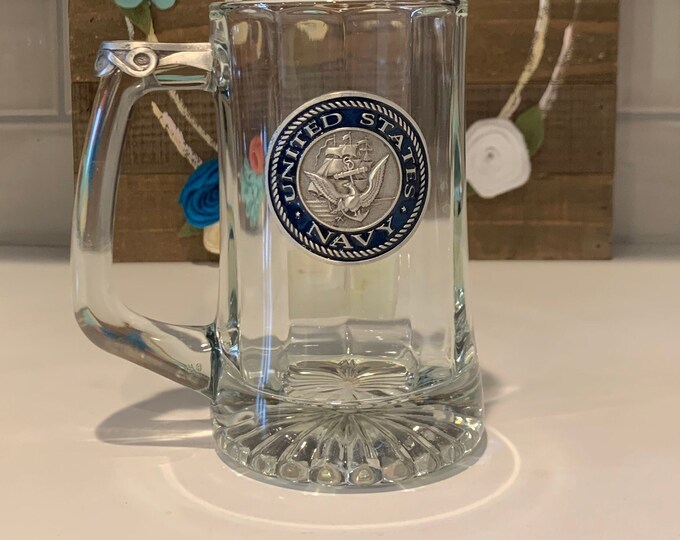 Navy Beer Stein With Pewter Handle Trimming | Navy Beer Mug - Etsy
