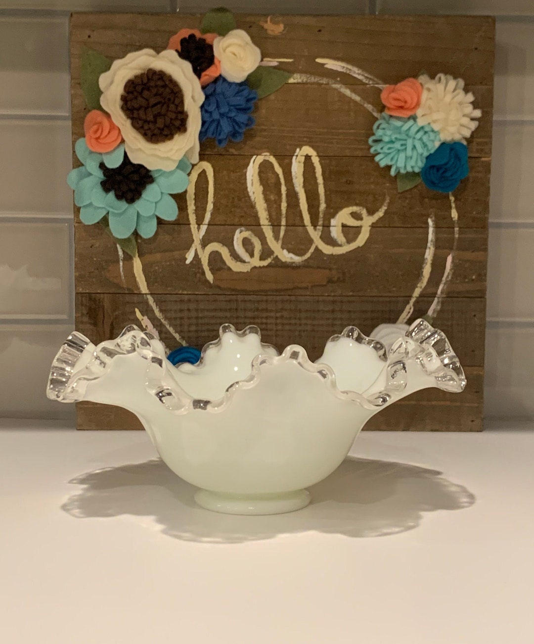 Vintage Fenton White Milk Glass Silvercrest Clear Ruffled Edges ...