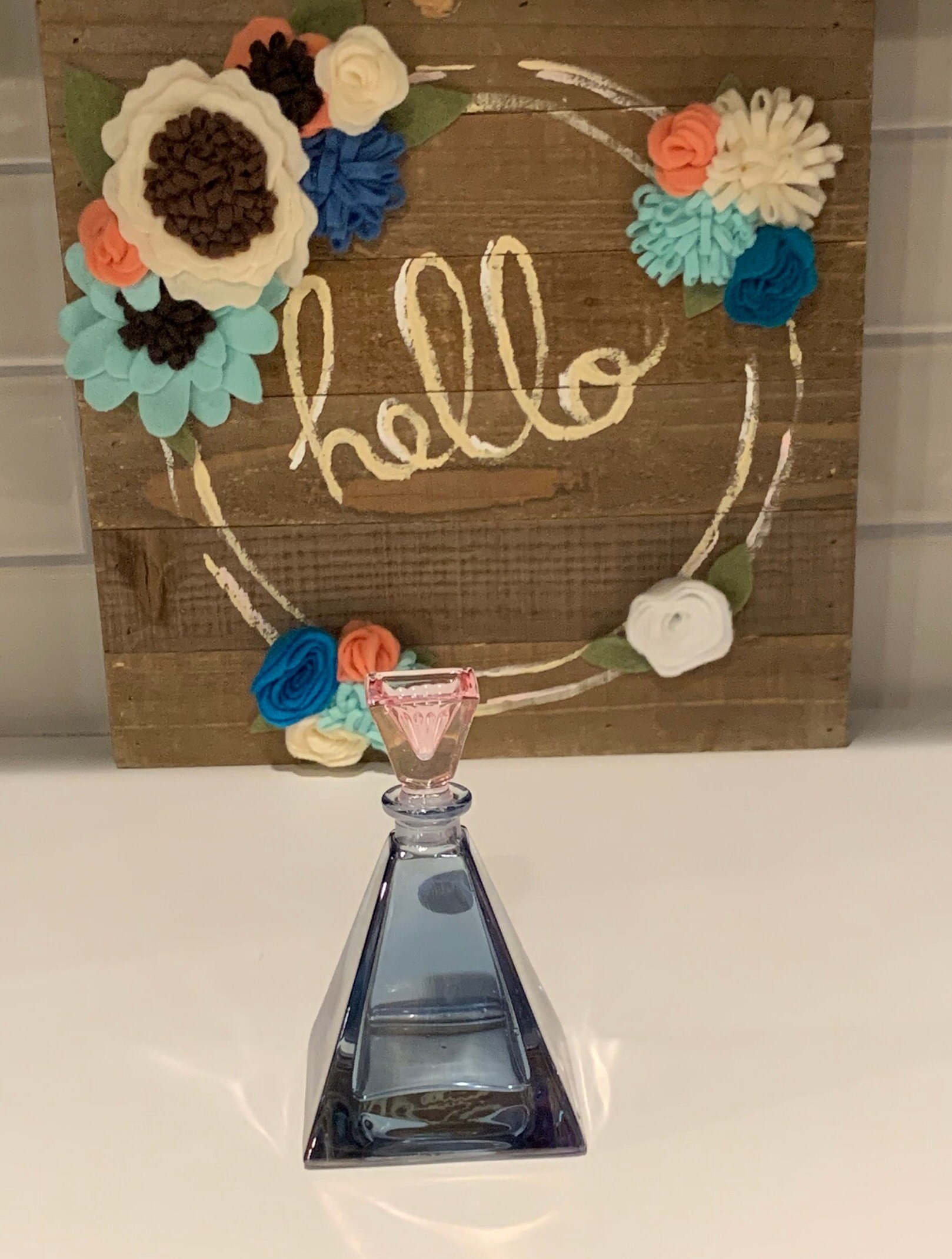 Blue Glass Pyramid Perfume Bottle With Pink Stopper Made in - Etsy