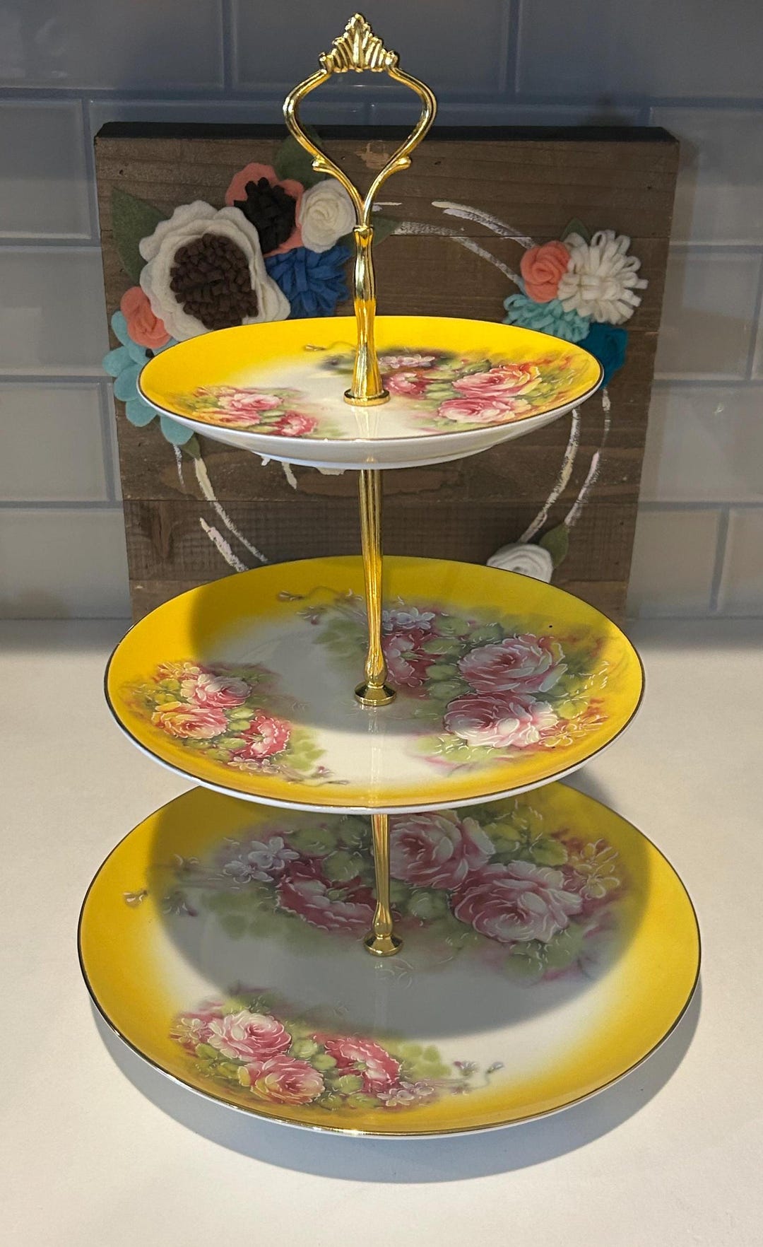 Three Tiered Cake Stand | Yellow and Floral Victorian Trading Tiered ...