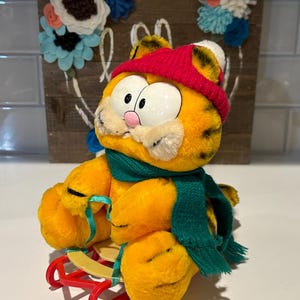 Vintage Garfield Plush on Sled: Winter Scarf and Hat - Etsy