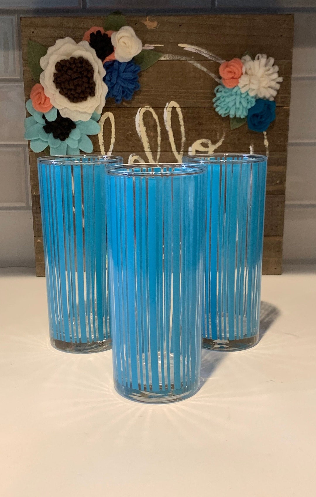 Blue Pinned Striped Glass Tumblers Blue Striped Glassware - Etsy