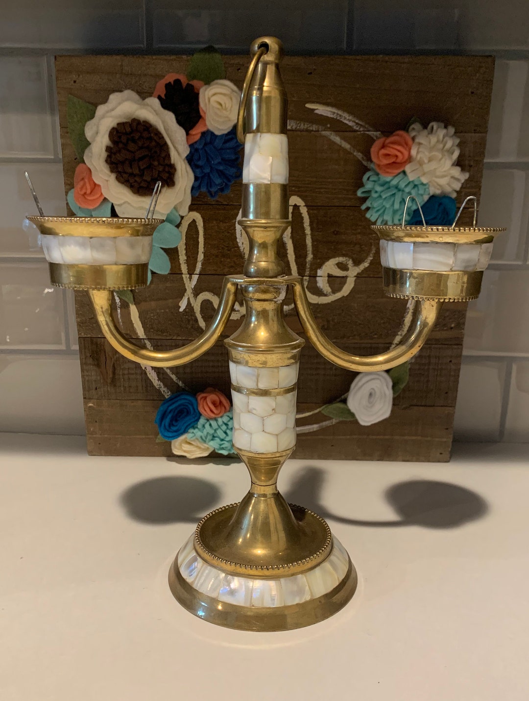 Vintage Brass and Mother of Pearl Candelabra | Centerpiece | Brass ...