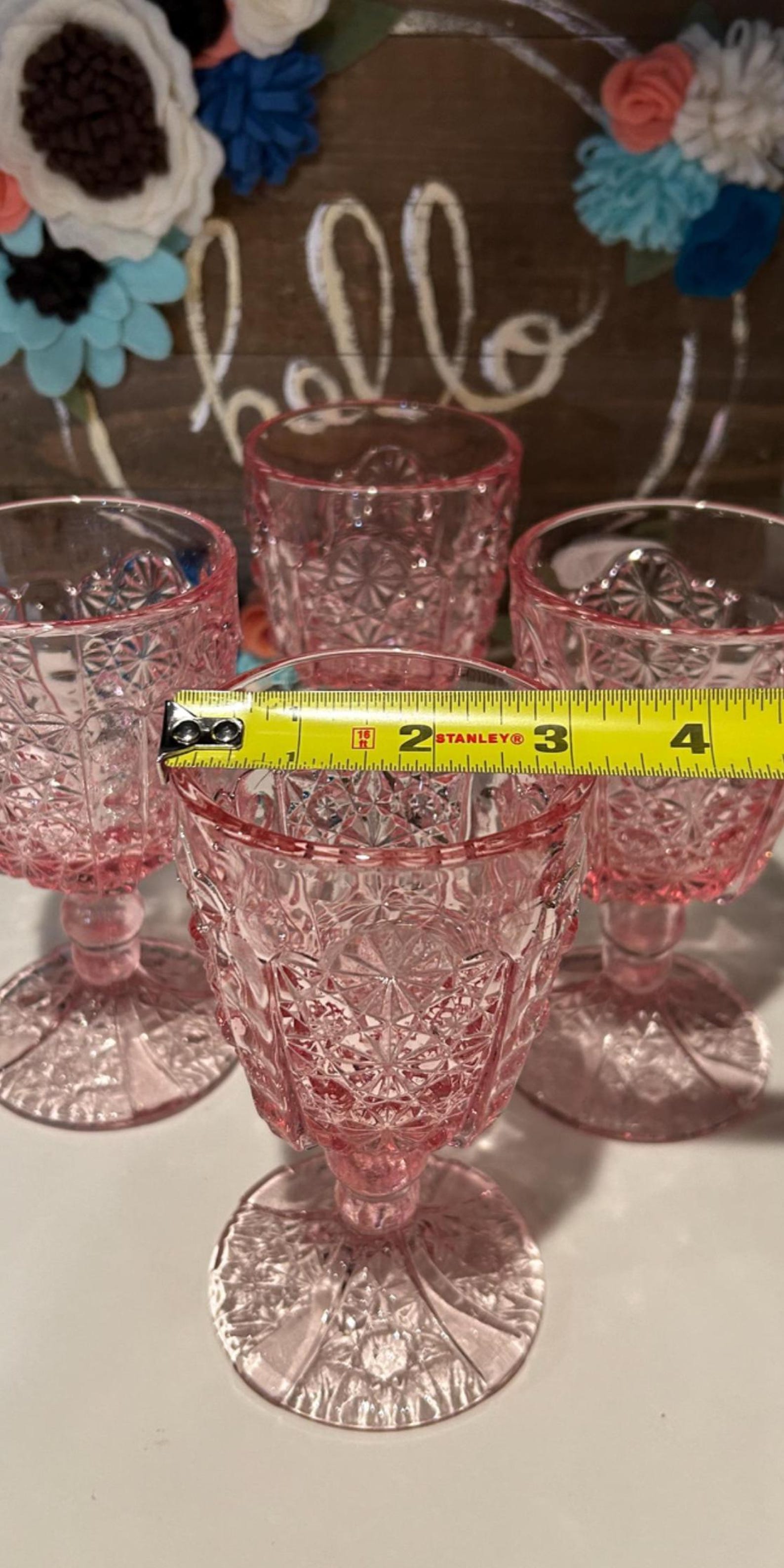 Pink Daisy & Button Water Goblets | Thumbprint Panel Goblets by Wright ...