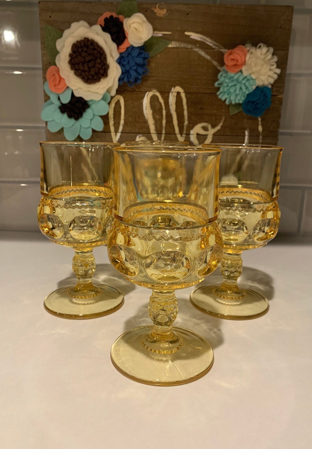 Vintage Water Goblets Kings Crown Yellow Goblets Yellow Tablescape ...