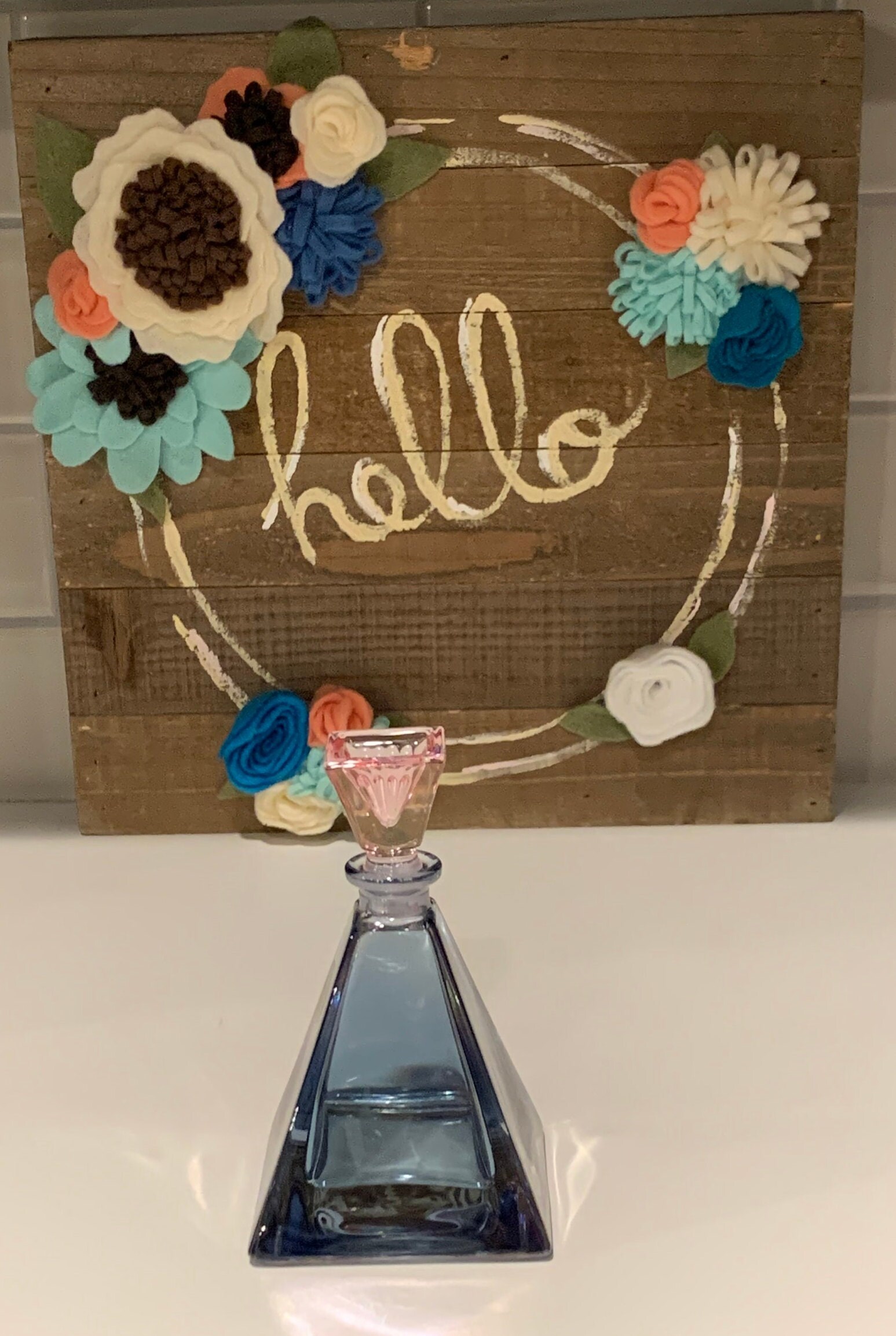 Blue Glass Pyramid Perfume Bottle With Pink Stopper Made in - Etsy