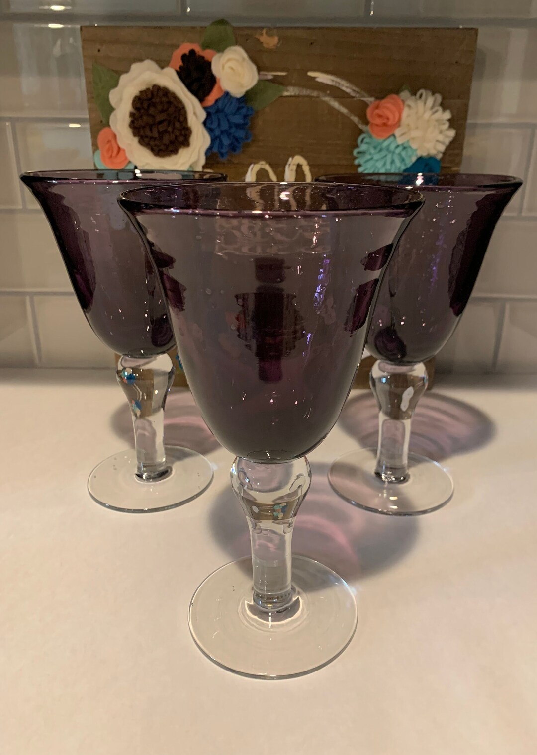 Purple Corsica Glass Water Goblets Purple Water Goblets Clear Stem Plum ...