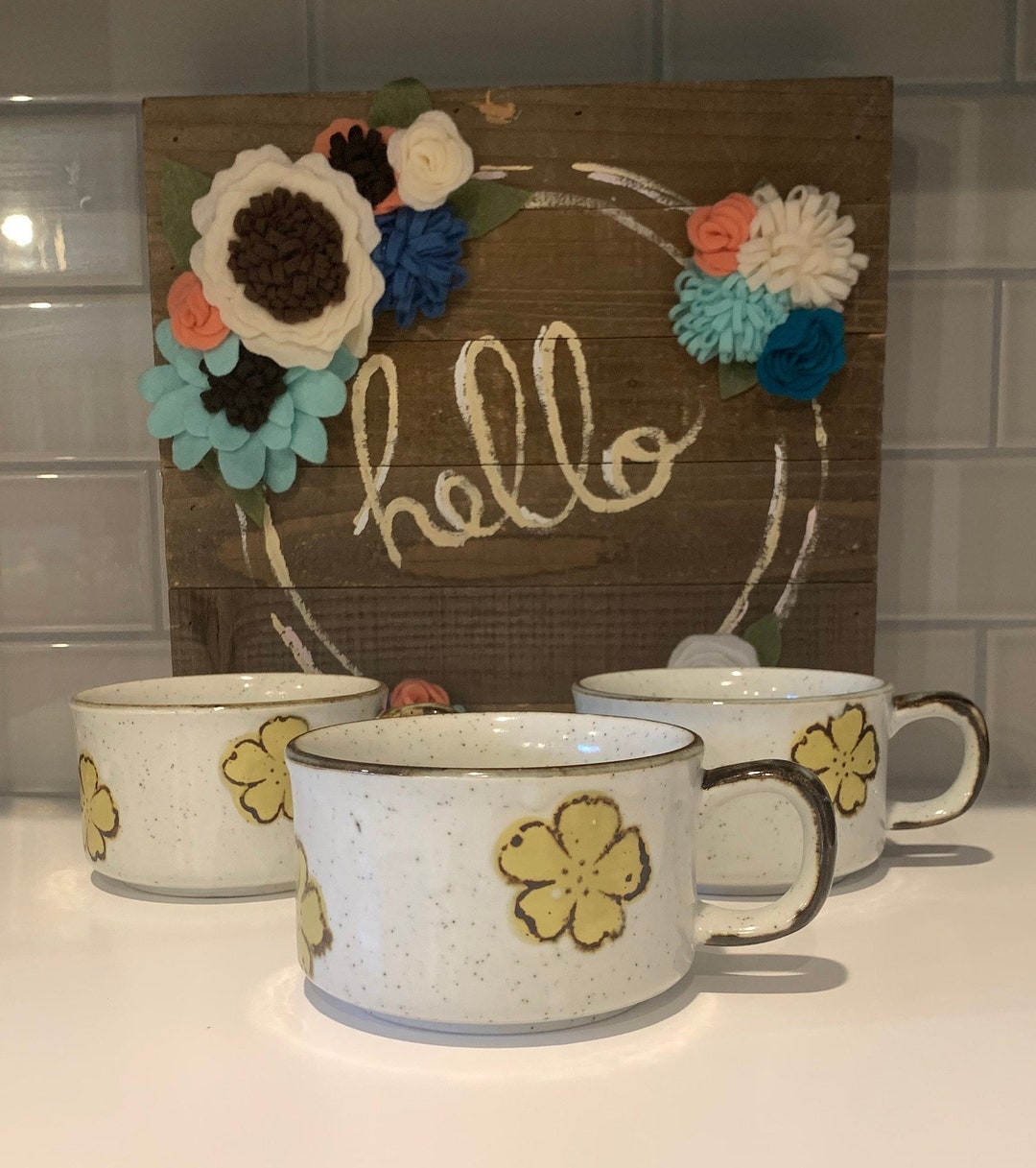 Speckled Handled Daisy Soup Mugs | Yellow Daisy Chili Bowl - Etsy