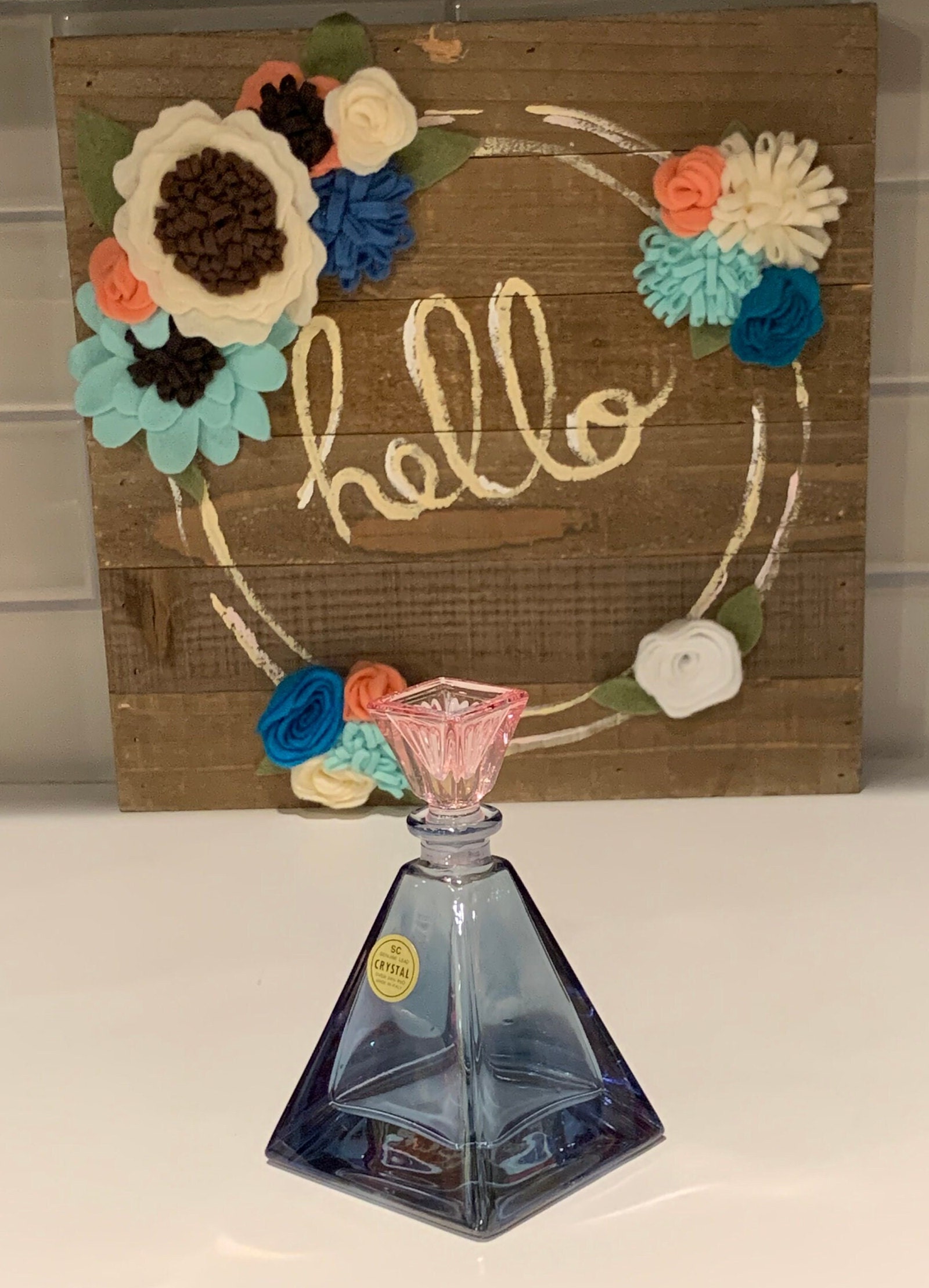 Blue Glass Pyramid Perfume Bottle With Pink Stopper Made in - Etsy