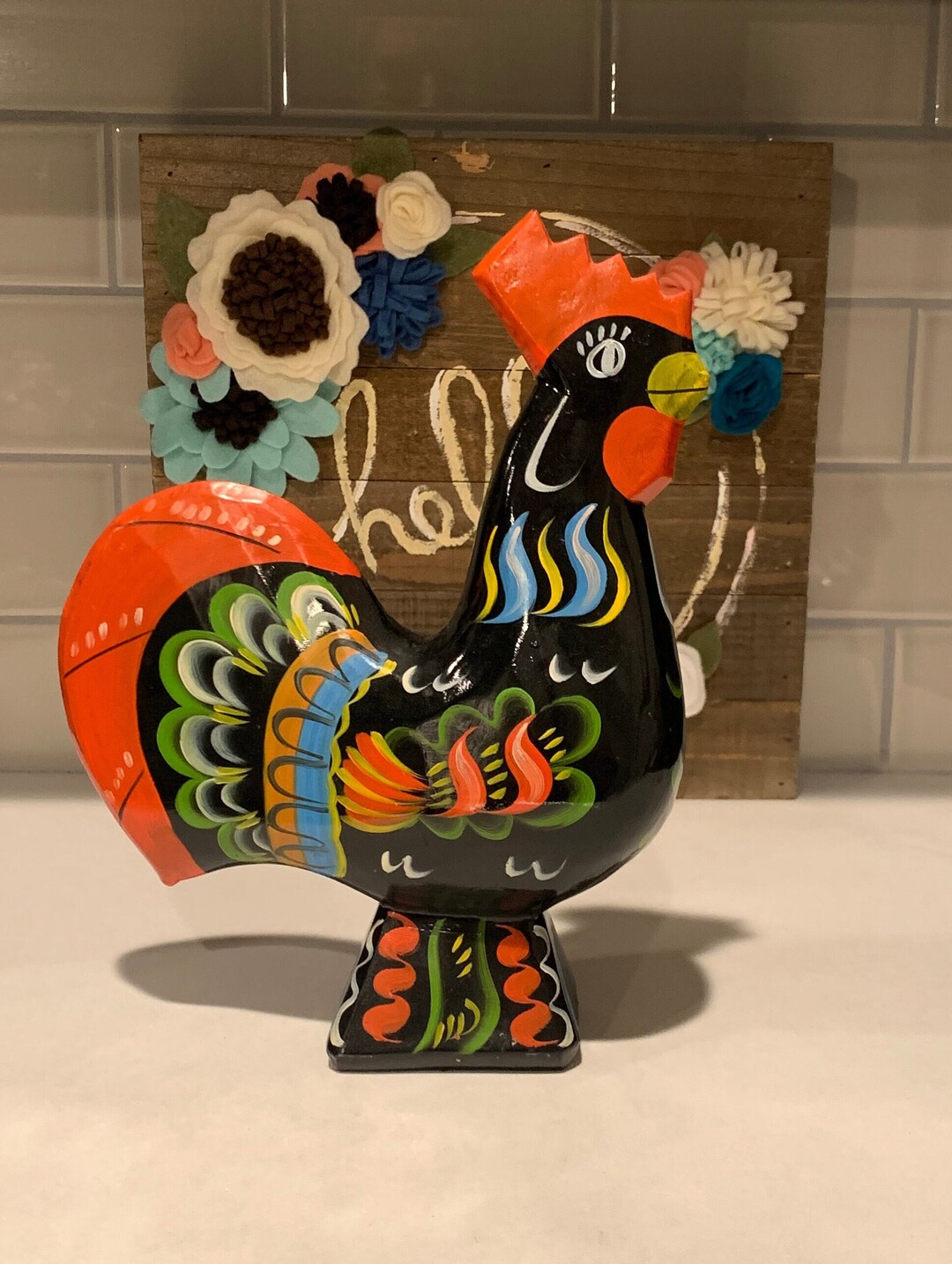 Folk Art Rooster Figurine Hand Painted Wood Rooster Figurine Rooster ...