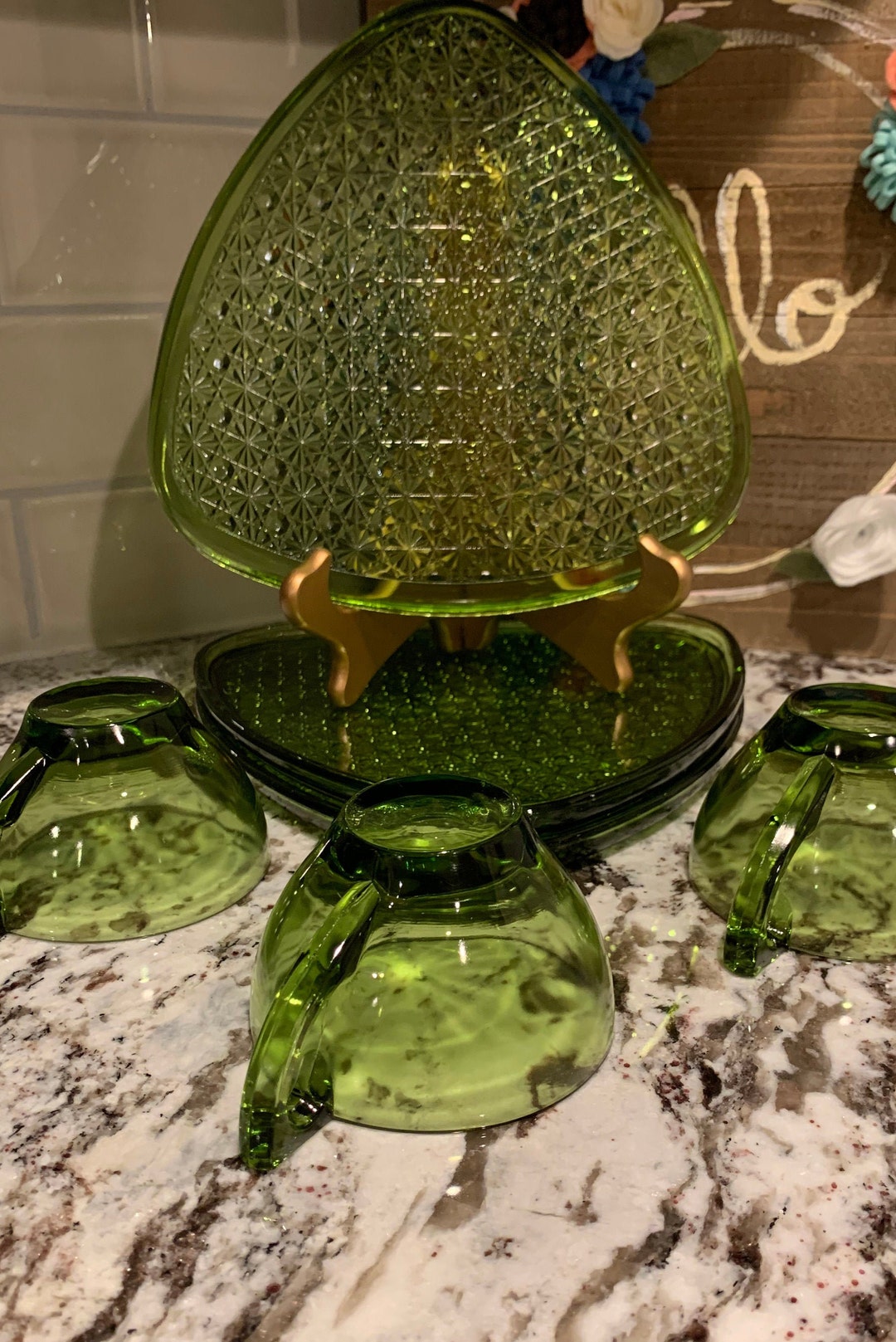 Daisy Button Triangle Glass Snack Luncheon Plate and Cup | Mid Century ...